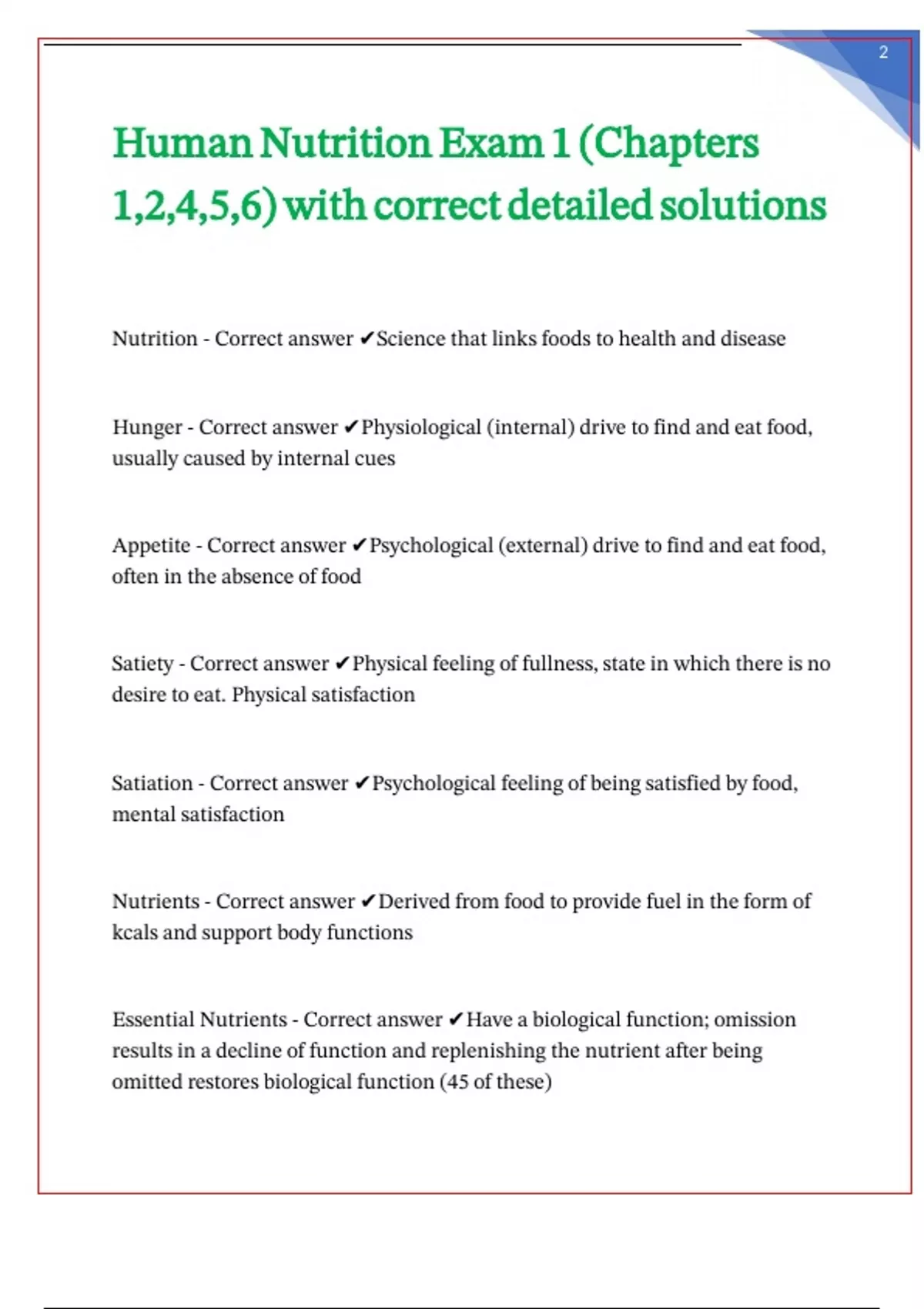 Human Nutrition Exam 1 (Chapters 1,2,4,5,6) with correct detailed ...