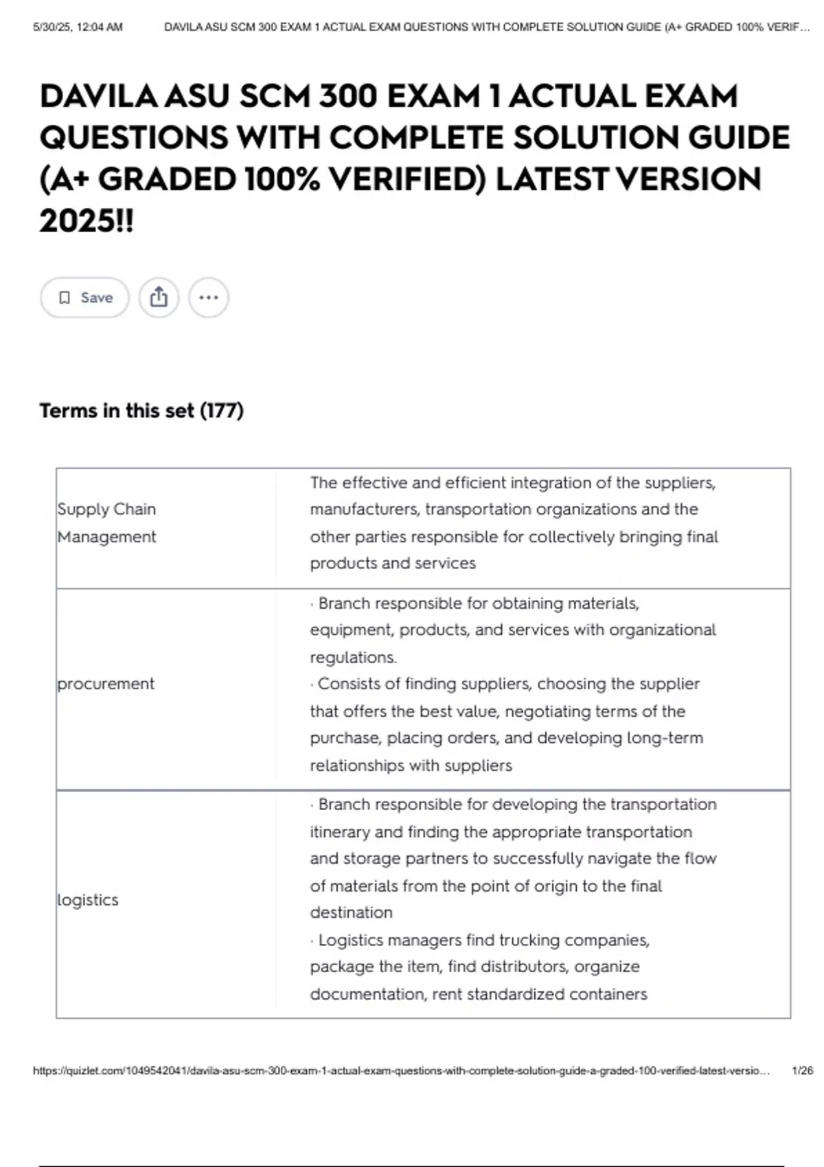 DAVILA ASU SCM 300 EXAM 1 ACTUAL EXAM QUESTIONS WITH COMPLETE SOLUTION ...