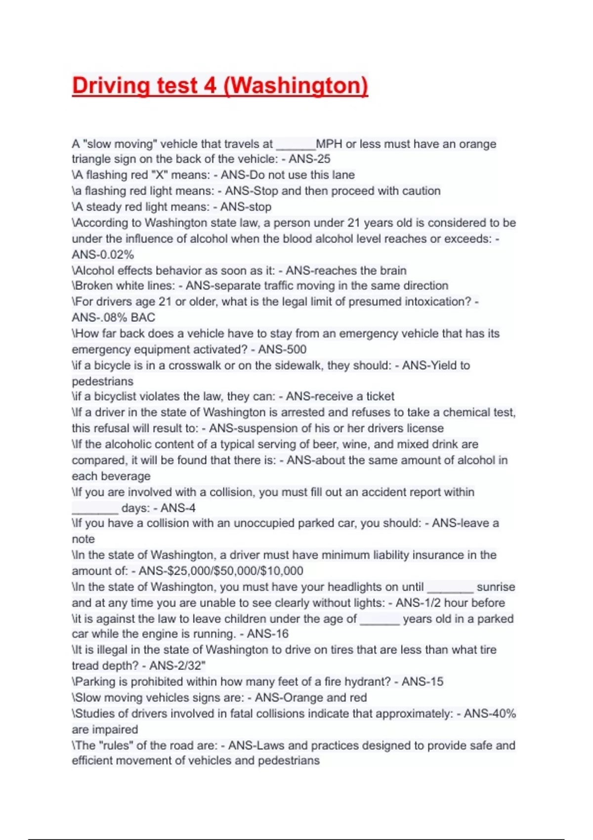 Driving test 4 (Washington) Exam 2025/2026 Questions With Completed ...