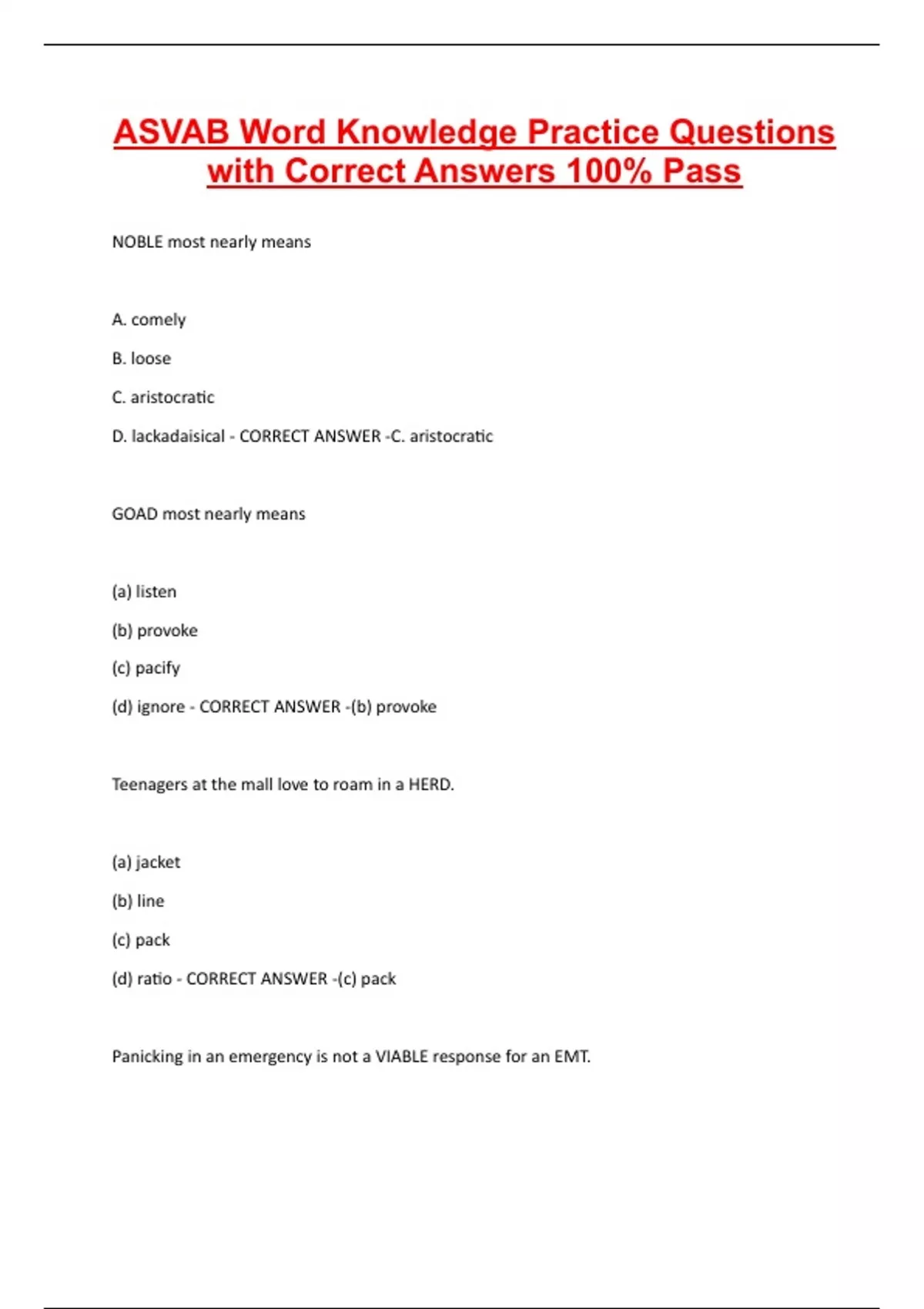 ASVAB Word Knowledge Practice Questions with Correct Answers 100% Pass ...