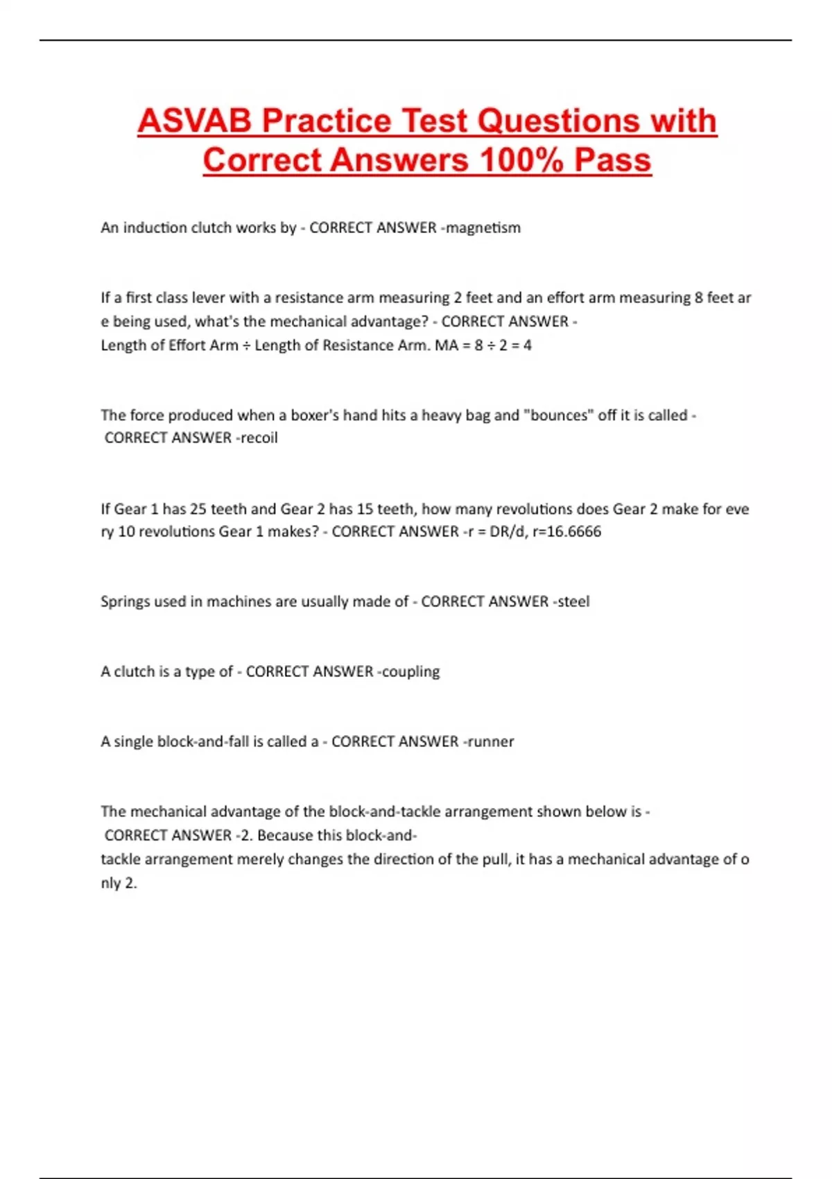 ASVAB Practice Test Questions with Correct Answers 100% Pass - ASVAB ...