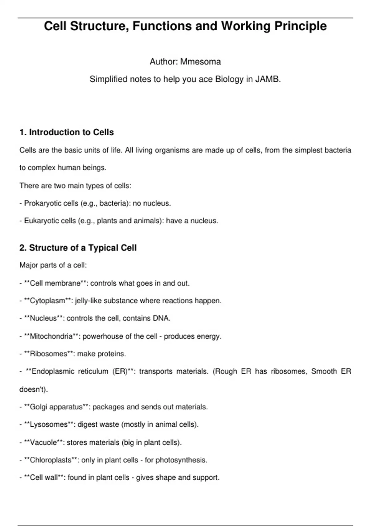 Summary Cell Structure and functions - JAMB Biology Notes - Stuvia US