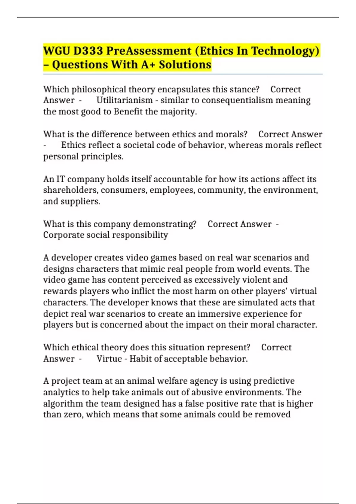 WGU D333 PreAssessment (Ethics In Technology) – Questions With A+ ...