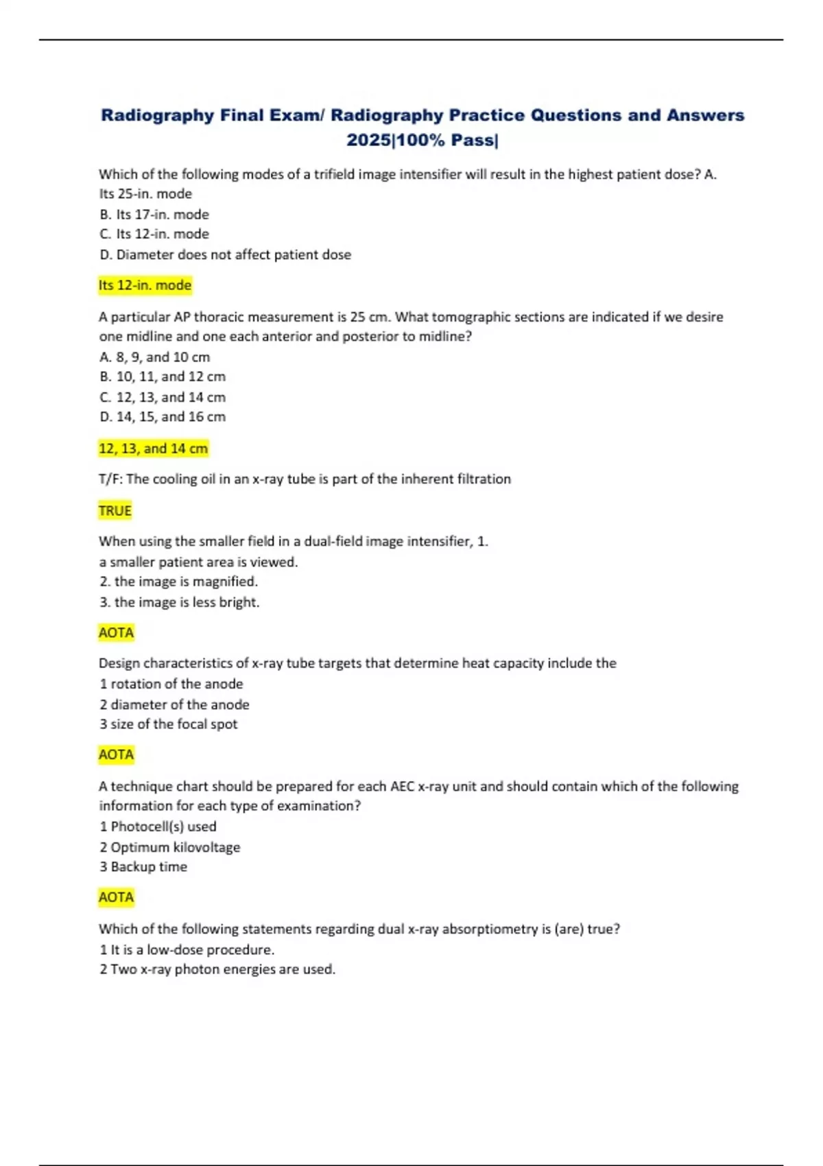 Radiography Final Exam/ Radiography Practice Questions and Answers 2025 ...
