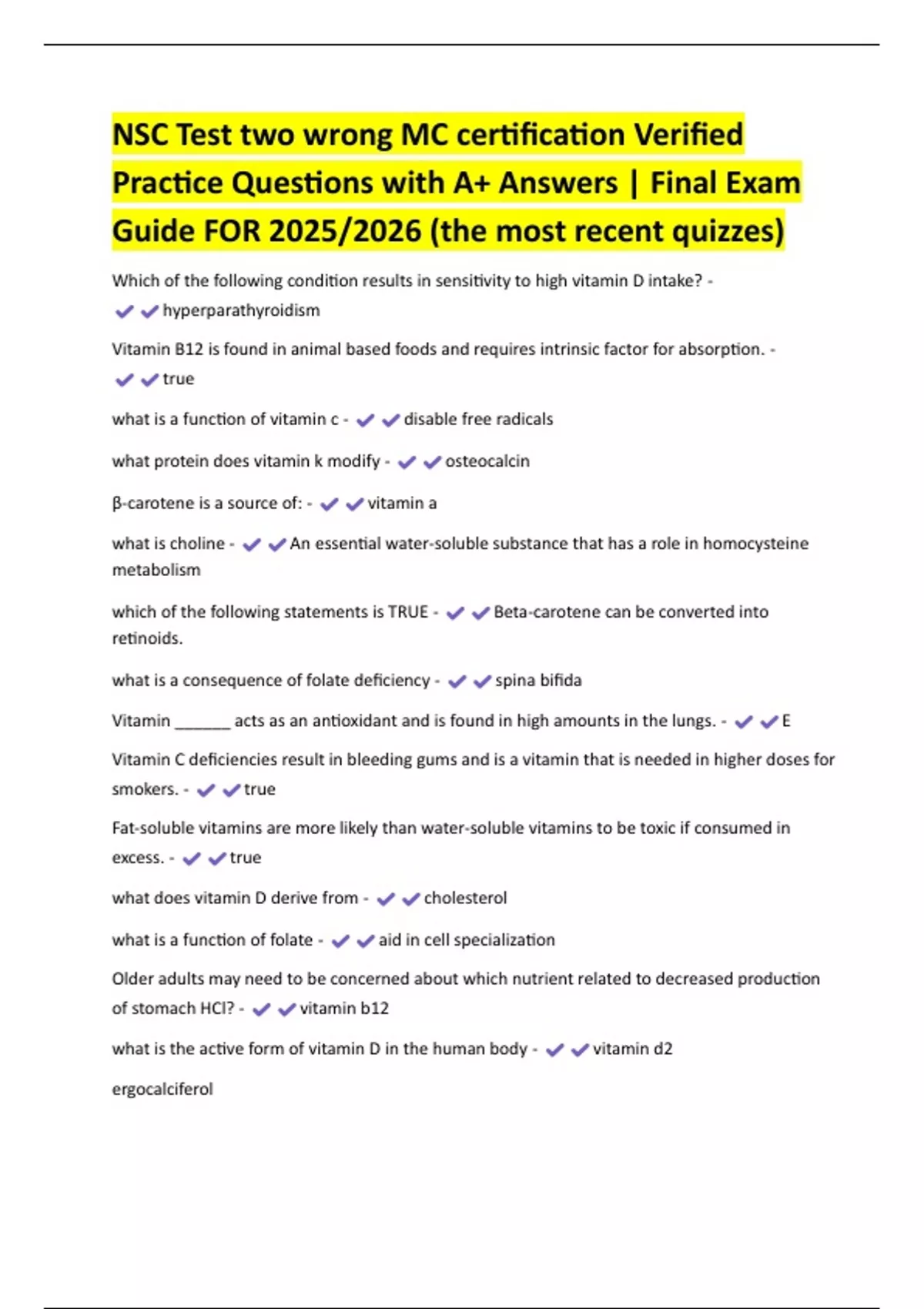 NSC Test two wrong MC certification Verified Practice Questions with A+ ...