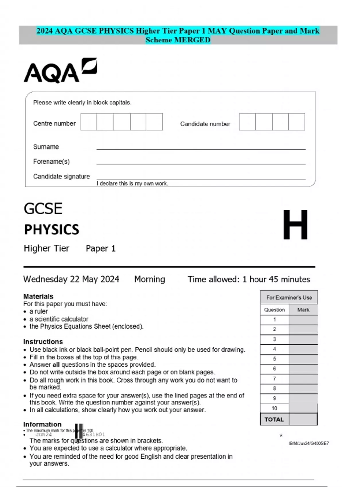 2024 AQA GCSE PHYSICS Higher Tier Paper 1 MAY Question Paper and Mark ...