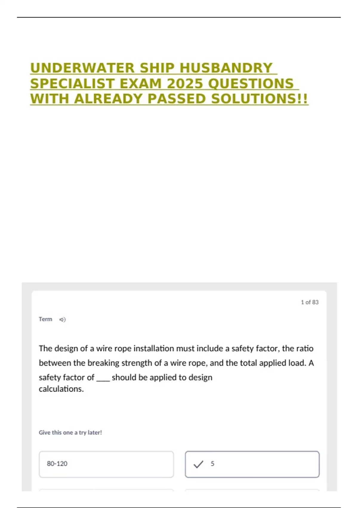 UNDERWATER SHIP HUSBANDRY SPECIALIST EXAM 2025 QUESTIONS WITH ALREADY ...