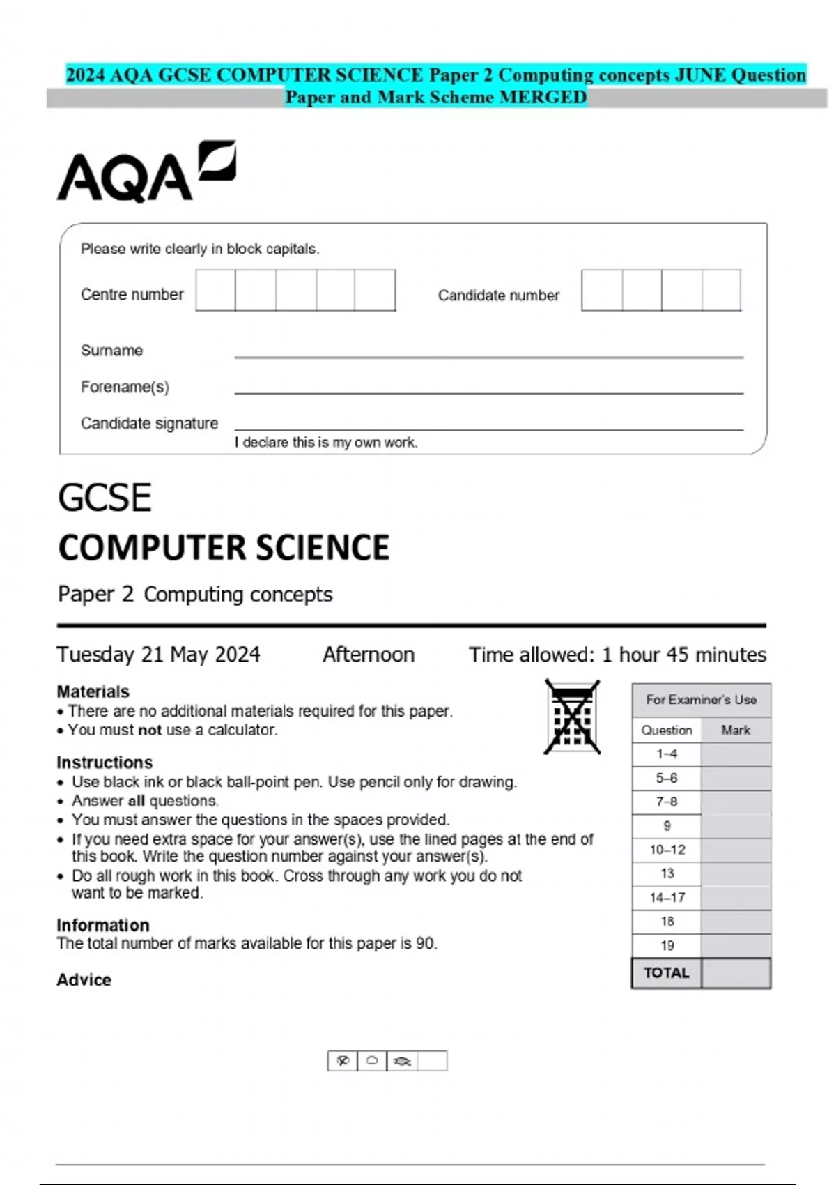 2024 AQA GCSE COMPUTER SCIENCE Paper 2 Computing concepts JUNE Question Paper and Mark Scheme ...