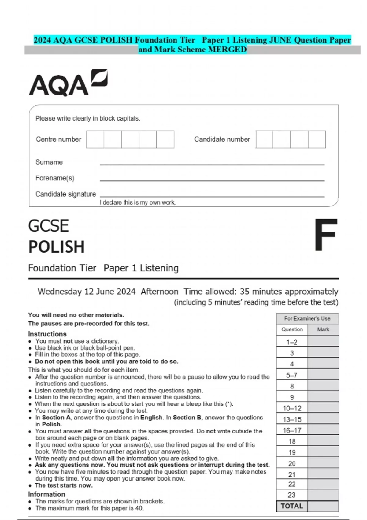 2024 AQA GCSE POLISH Foundation Tier Paper 1 Listening JUNE Question ...