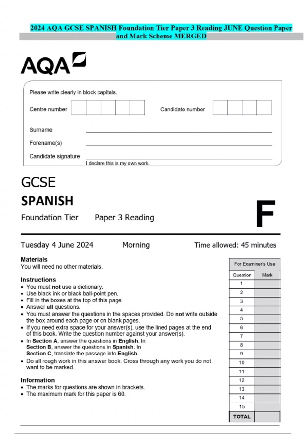 2024 AQA GCSE SPANISH Foundation Tier Paper 3 Reading JUNE Question ...