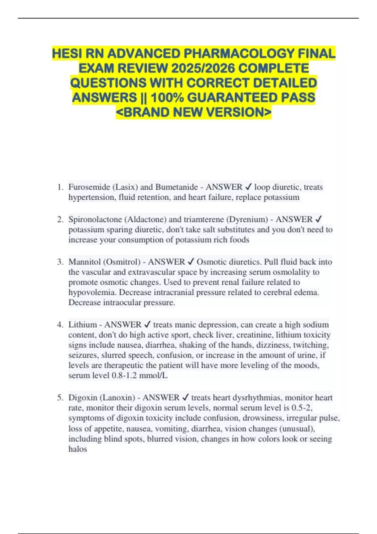 HESI RN ADVANCED PHARMACOLOGY FINAL EXAM REVIEW 2025/2026 COMPLETE ...