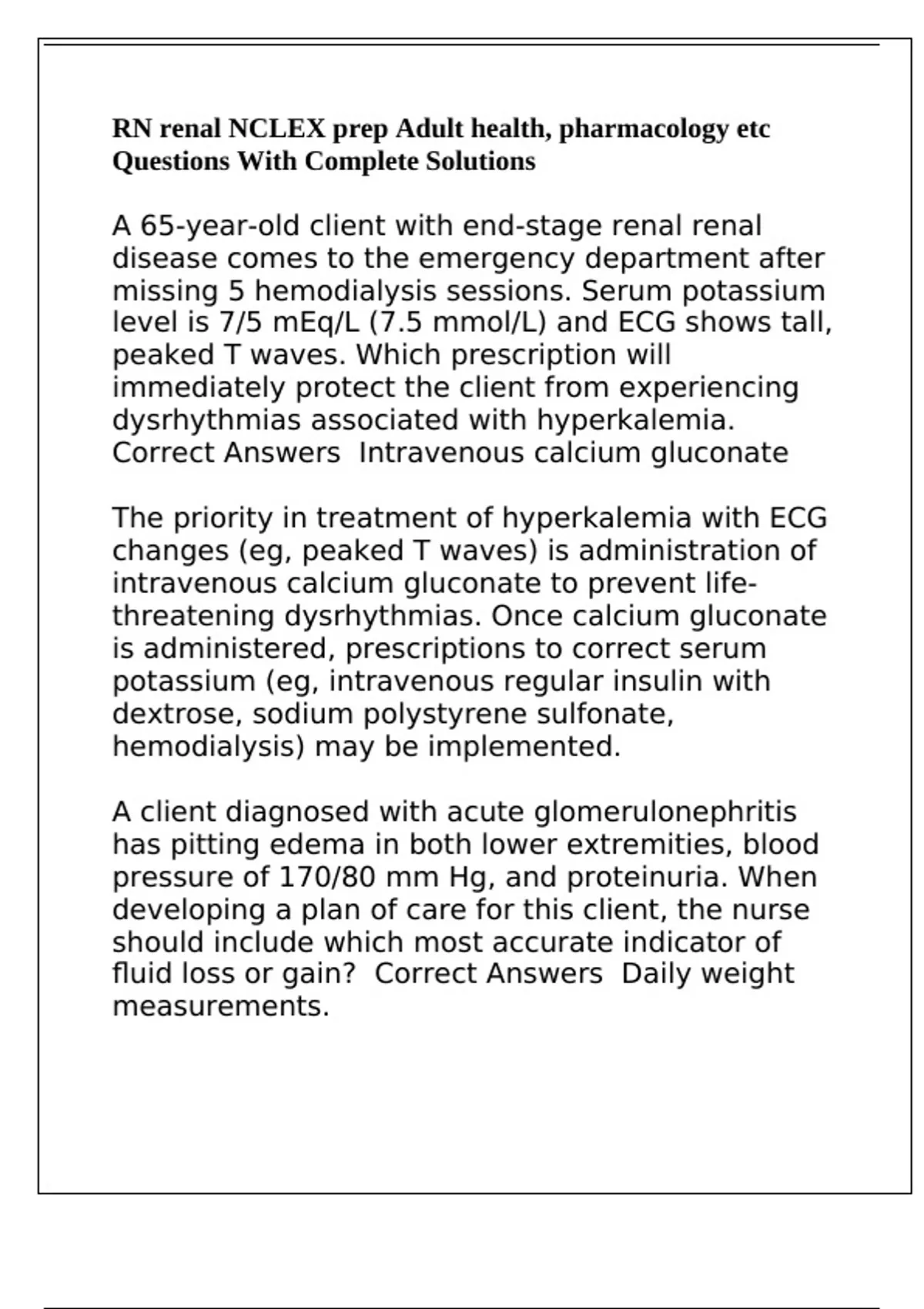 RN renal NCLEX prep Adult health, pharmacology etc Questions With ...