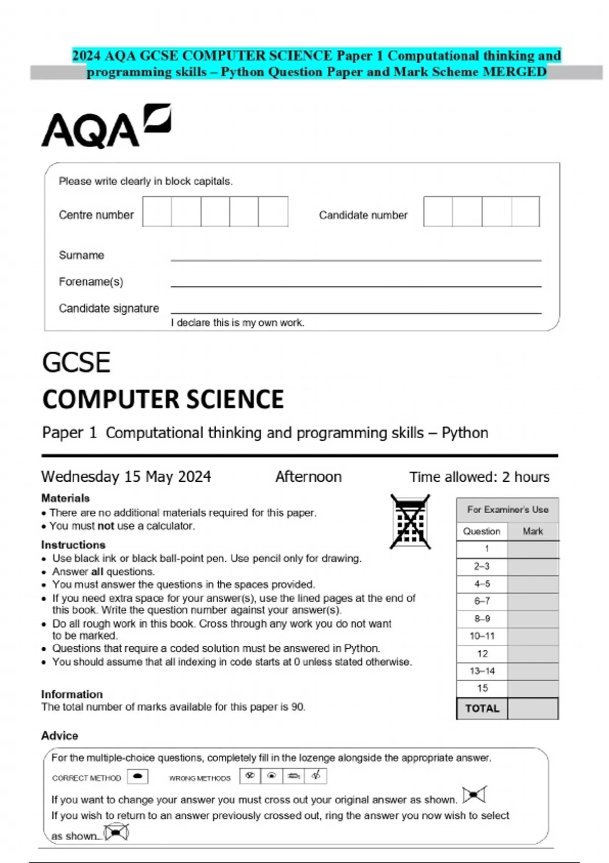 2024 AQA GCSE COMPUTER SCIENCE Paper 1 Computational thinking and ...
