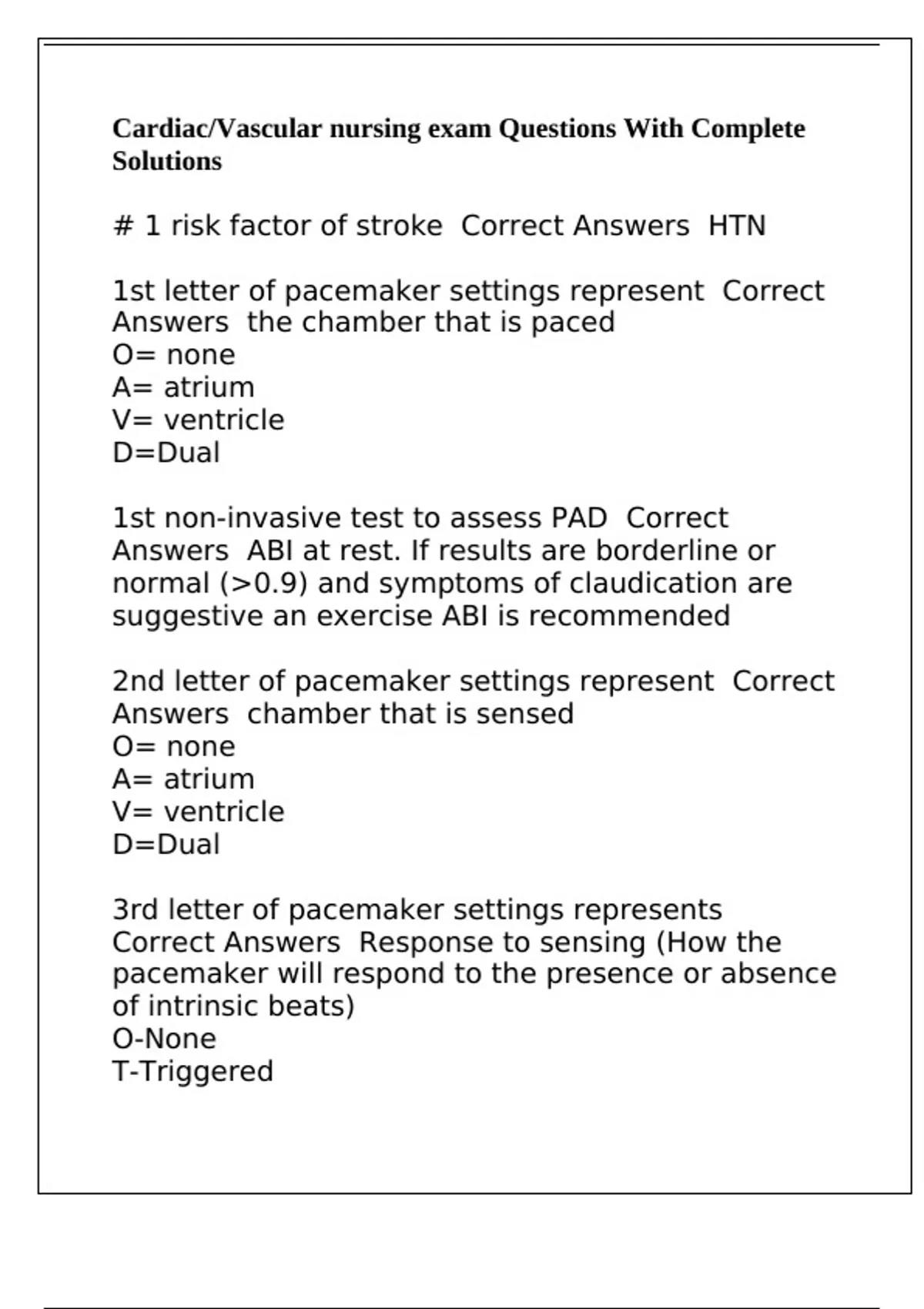 Cardiac/Vascular nursing exam Questions With Complete Solutions ...