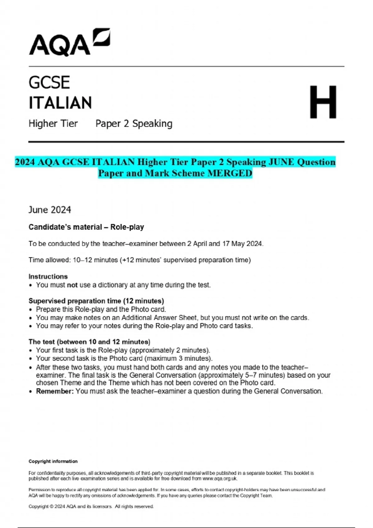 2024 AQA GCSE ITALIAN Higher Tier Paper 2 Speaking JUNE Question Paper ...