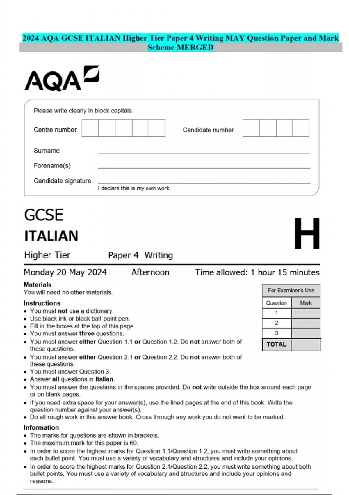 2024 AQA GCSE ITALIAN Higher Tier Paper 4 Writing MAY Question Paper ...
