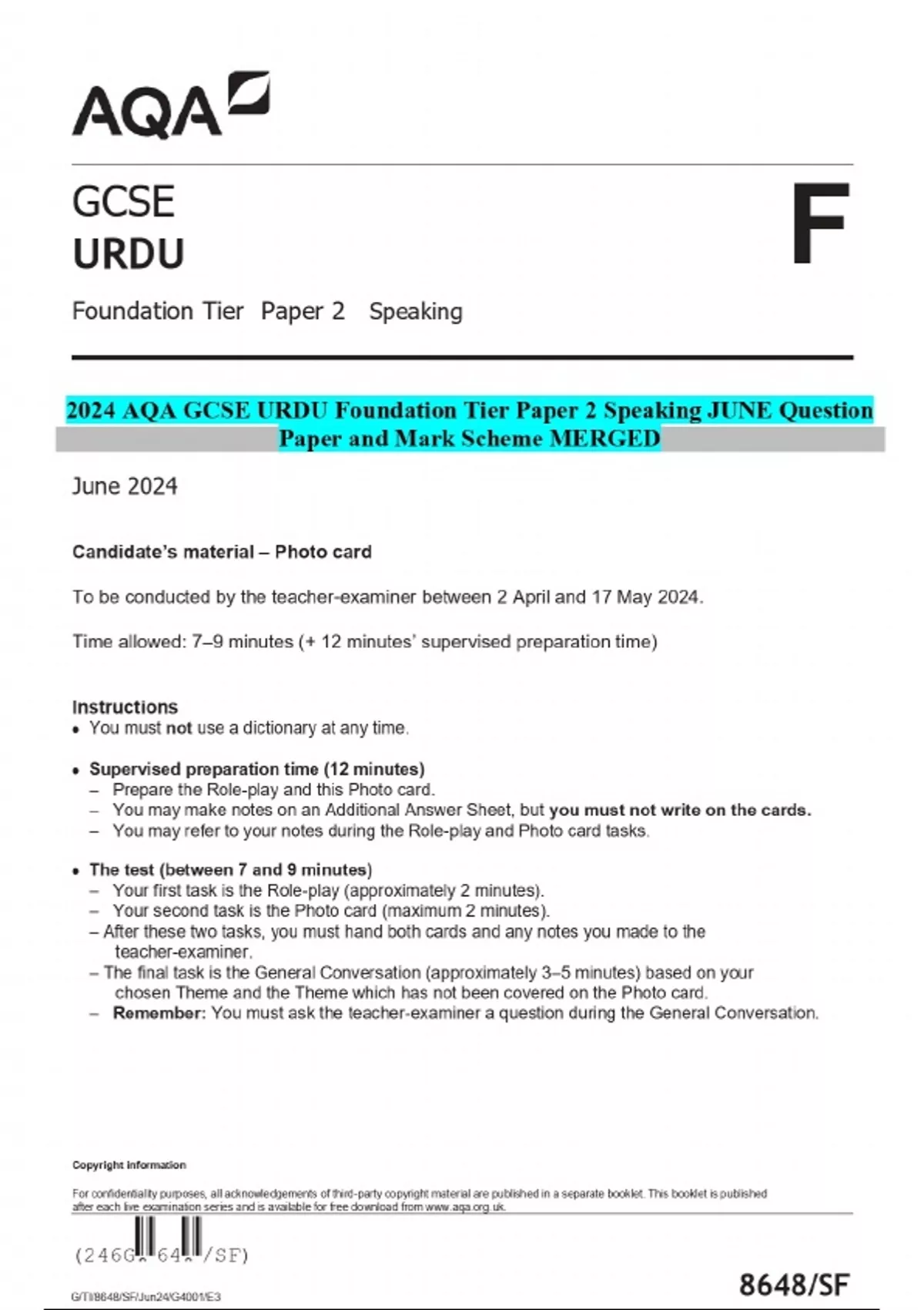 2024 AQA GCSE URDU Foundation Tier Paper 2 Speaking JUNE Question Paper ...