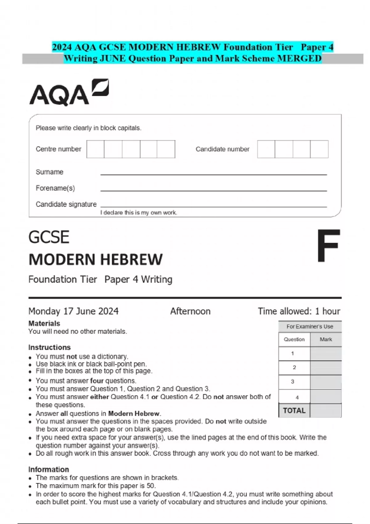 2024 AQA GCSE MODERN HEBREW Foundation Tier Paper 4 Writing JUNE ...