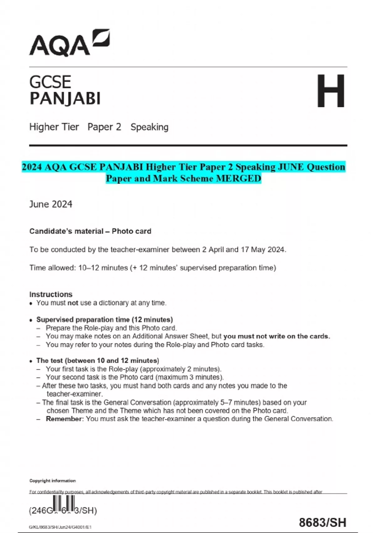 2024 AQA GCSE PANJABI Higher Tier Paper 2 Speaking JUNE Question Paper ...