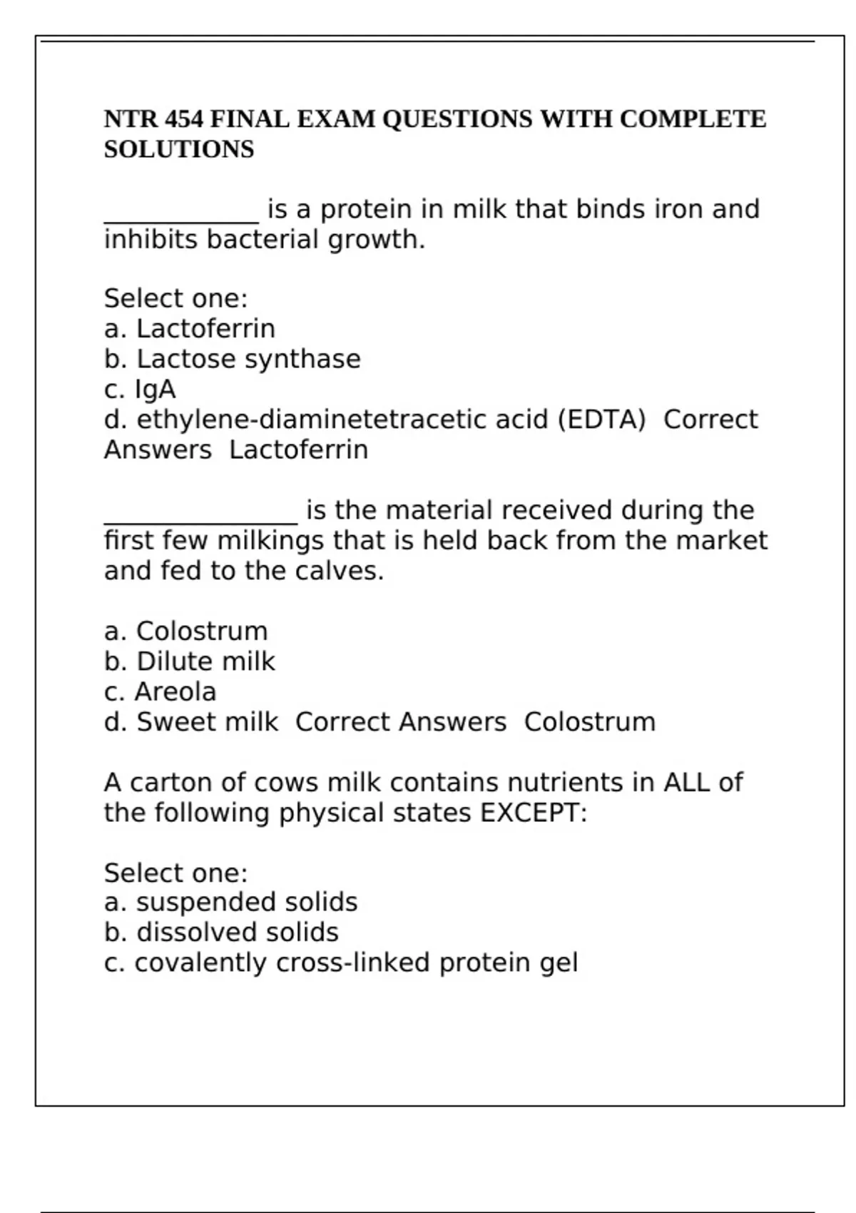 NTR 454 FINAL EXAM QUESTIONS WITH COMPLETE SOLUTIONS - NTR 454 - Stuvia US