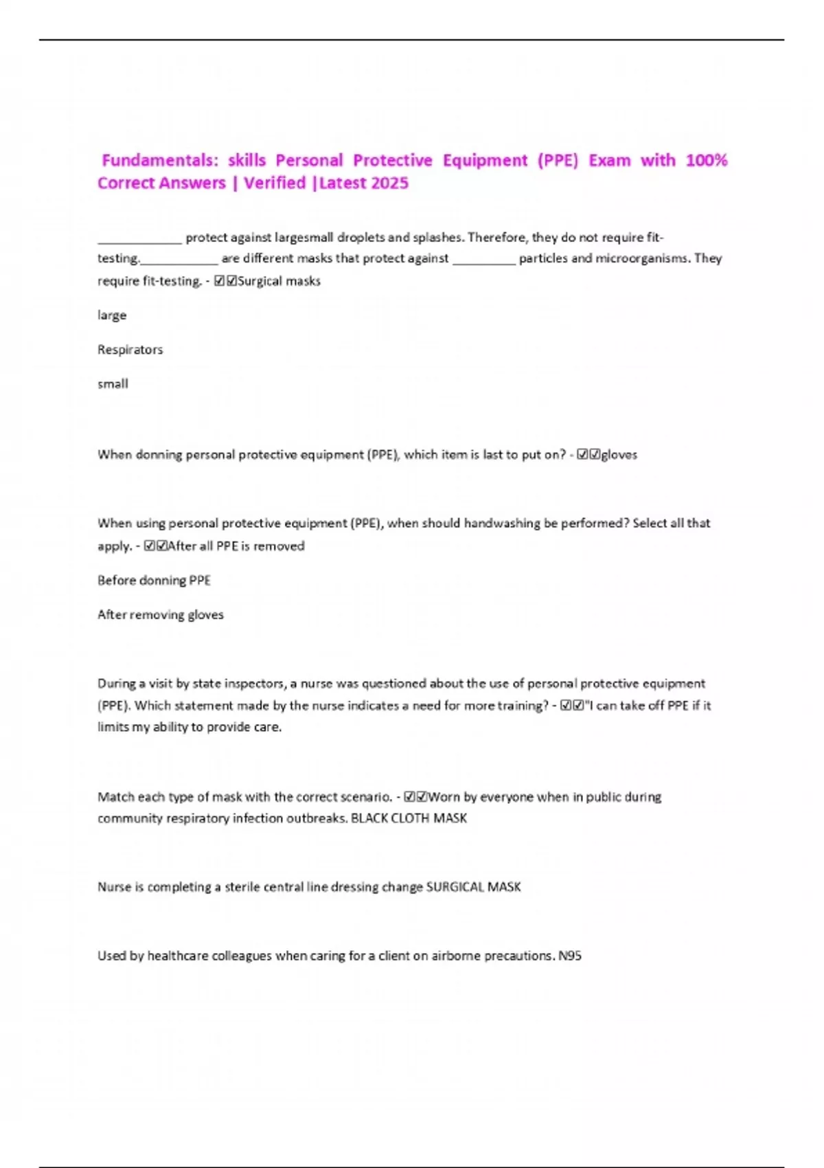 Fundamentals: skills Personal Protective Equipment (PPE) Exam with 100% ...