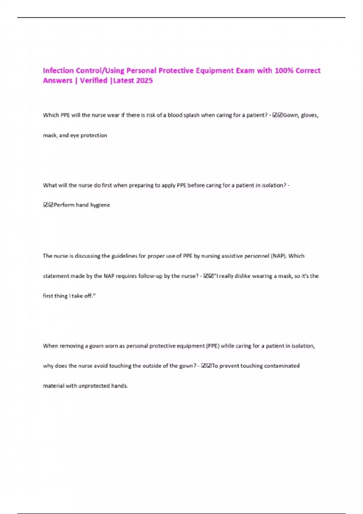 Infection Control/Using Personal Protective Equipment Exam with 100% ...