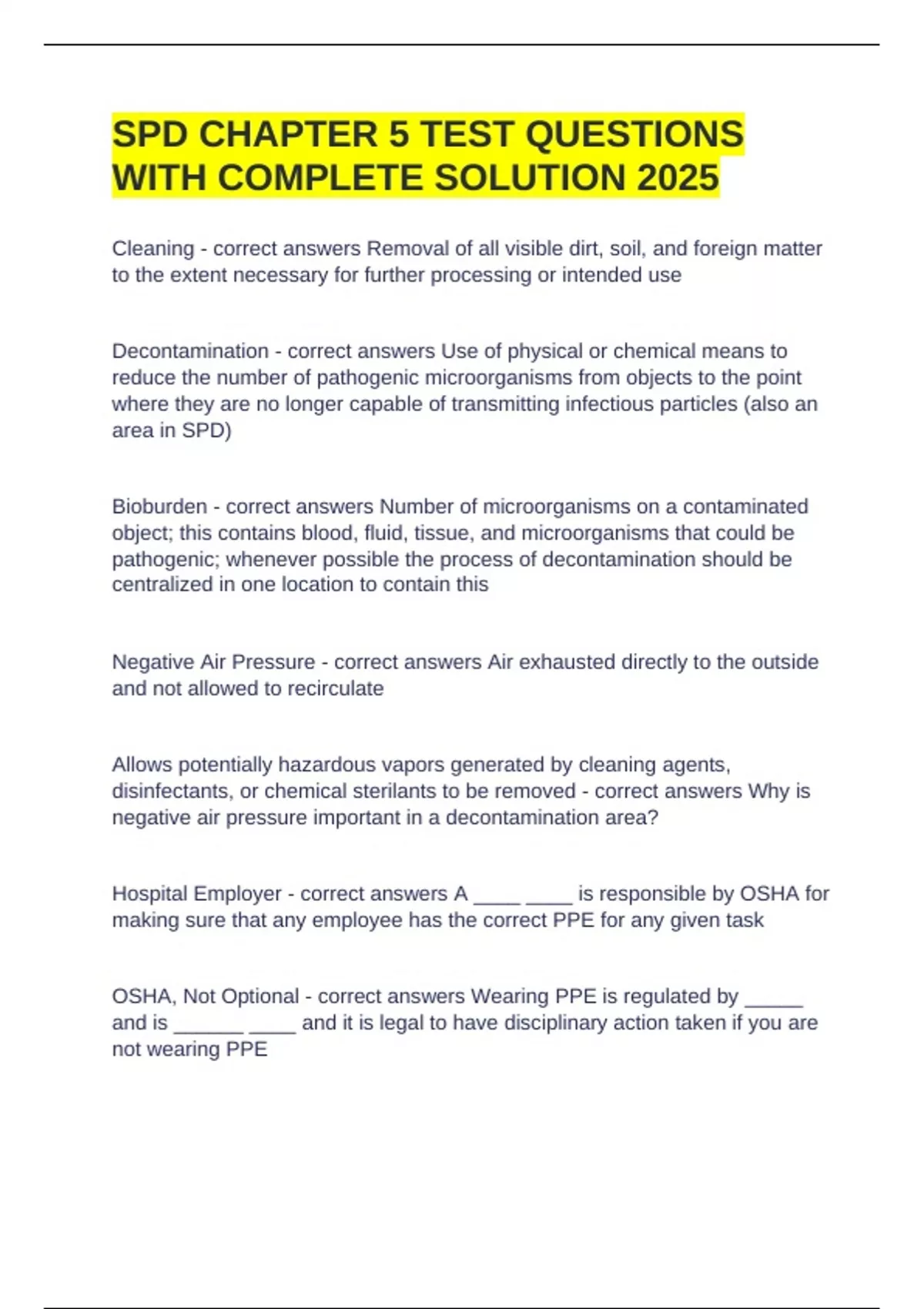 SPD CHAPTER 5 TEST QUESTIONS WITH COMPLETE SOLUTION 2025 - SPD CHAPTER ...