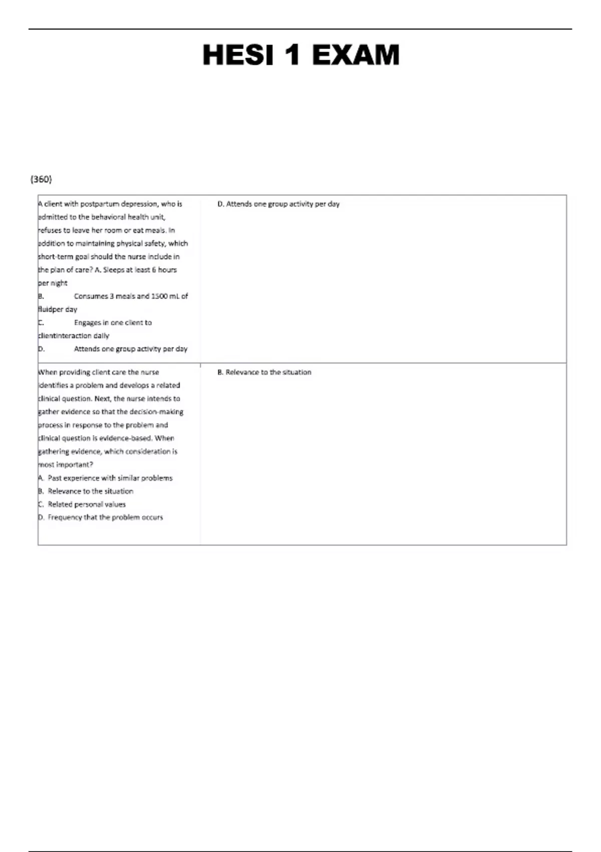 HESI 1 EXAM (LATEST 2025/ 2026 UPDATE) QUESTIONS AND ANSWERS GRADE A+ ...