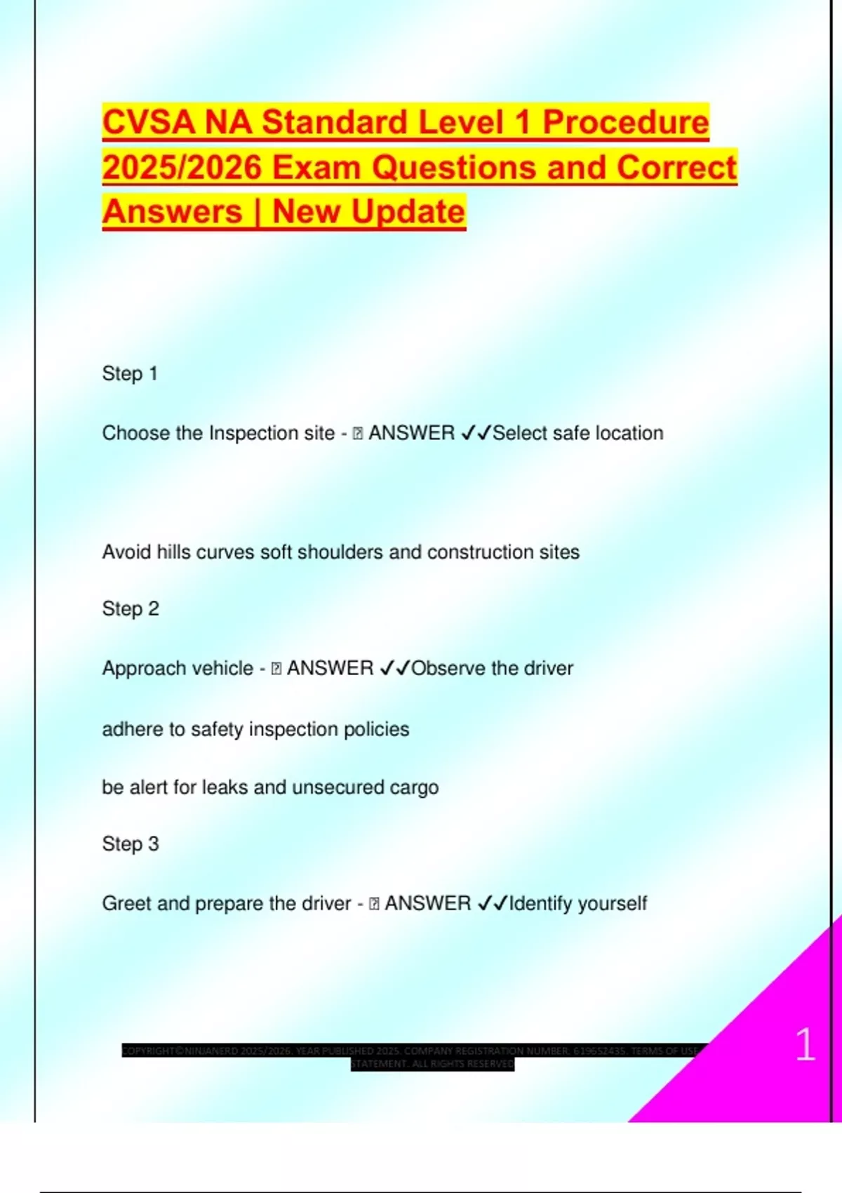 CVSA NA Standard Level 1 Procedure 2025/2026 Exam Questions and Correct ...