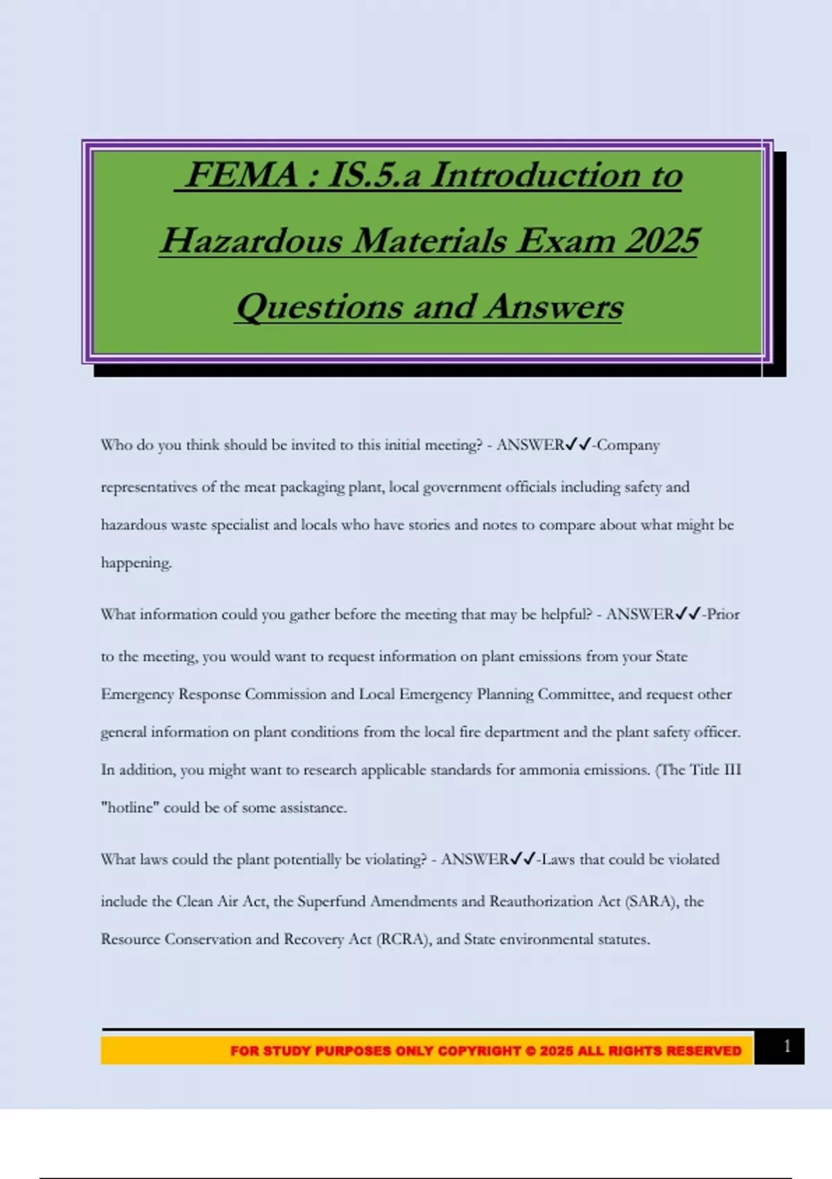 FEMA : IS.5.a Introduction to Hazardous Materials Exam 2025 Questions and Answers - Hazmat ...