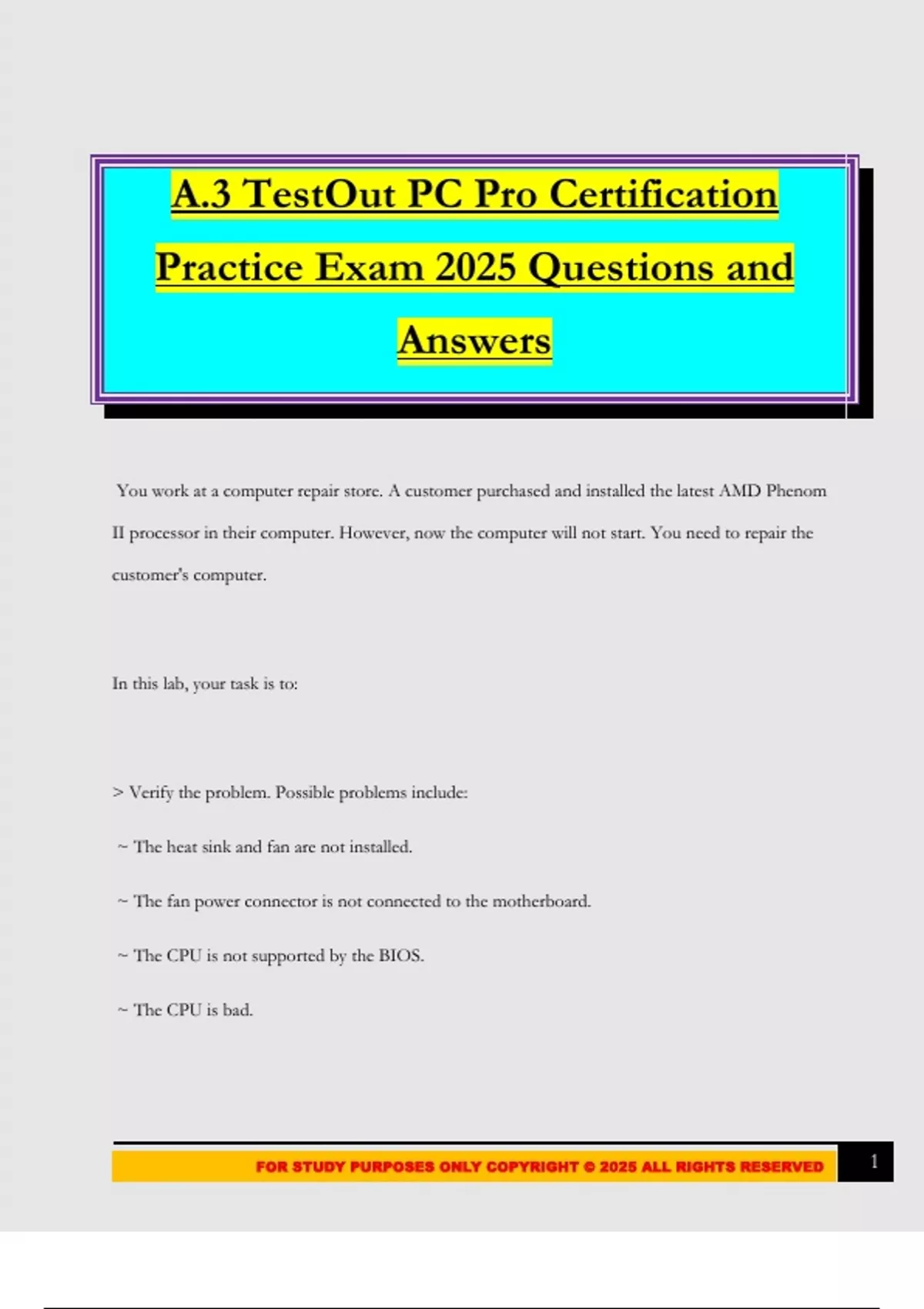 A.3 TestOut PC Pro Certification Practice Exam 2025 Questions and ...