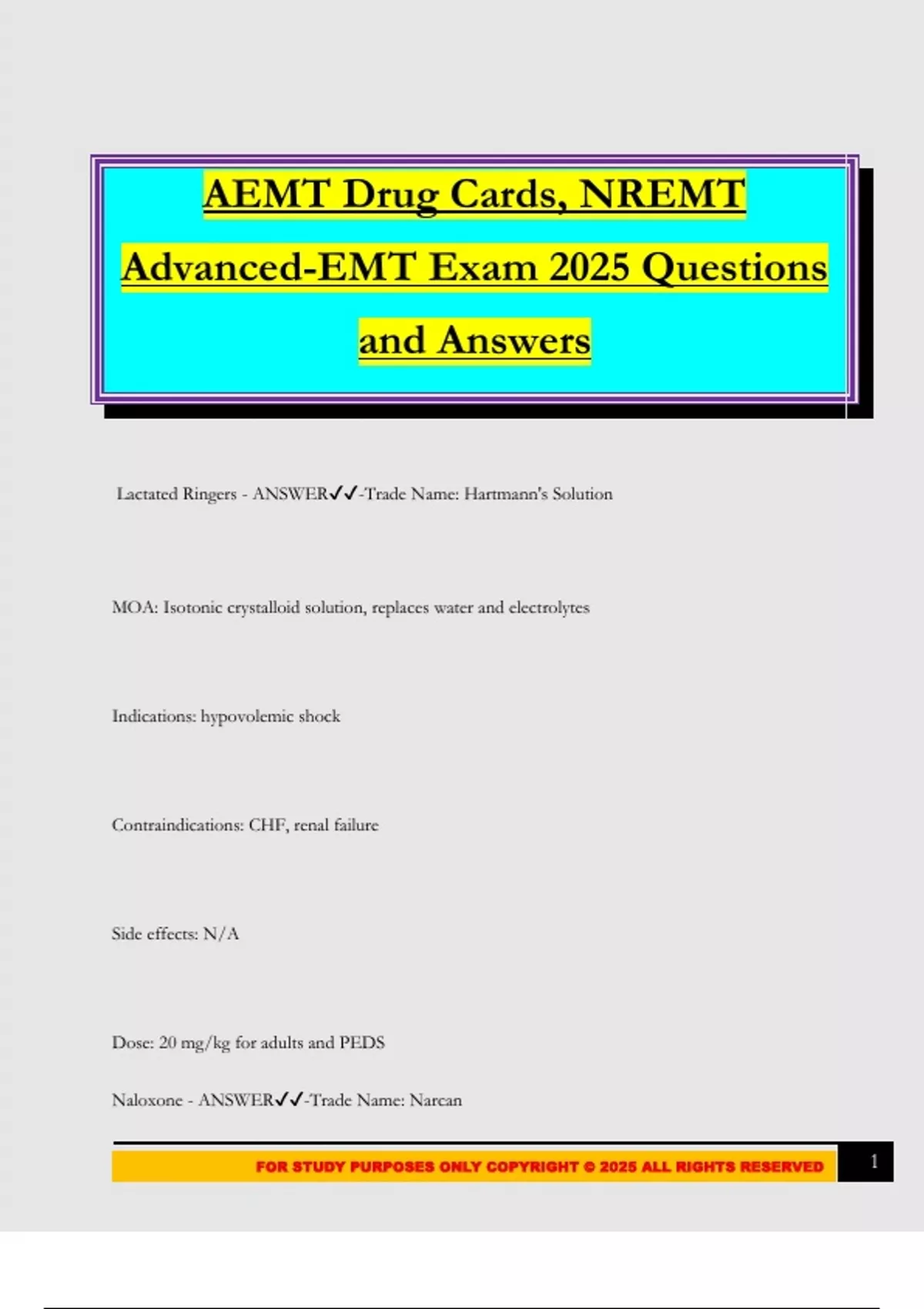 AEMT Drug Cards, NREMT Advanced-EMT Exam 2025 Questions and Answers - Aemt - Stuvia US