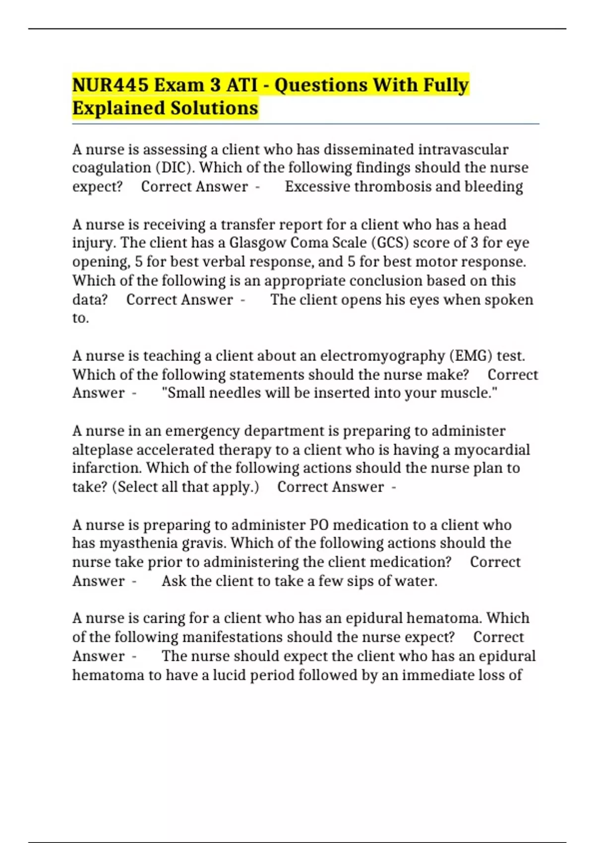 NUR445 Exam 3 ATI - Questions With Fully Explained Solutions - NUR 445 ...