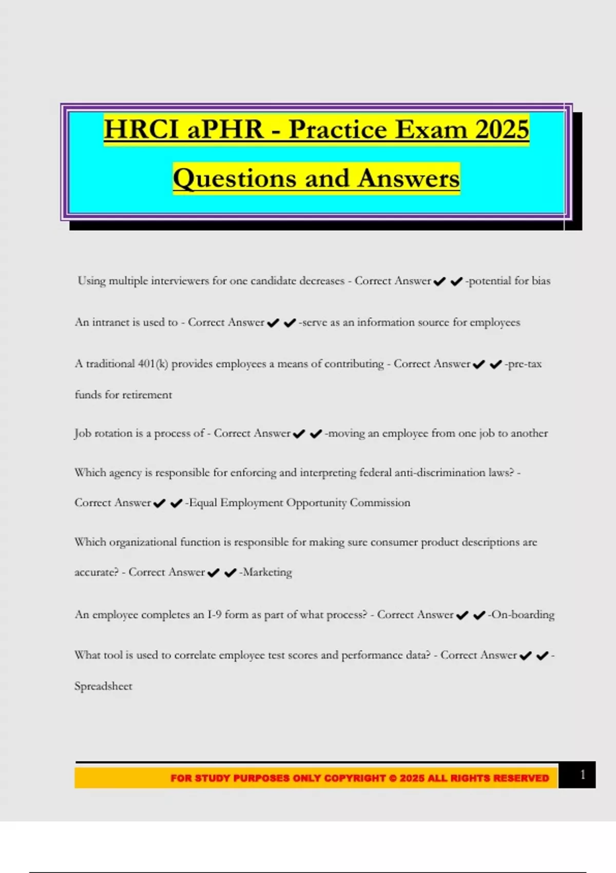 HRCI aPHR - Practice Exam 2025 Questions and Answers - APHR - Associate ...