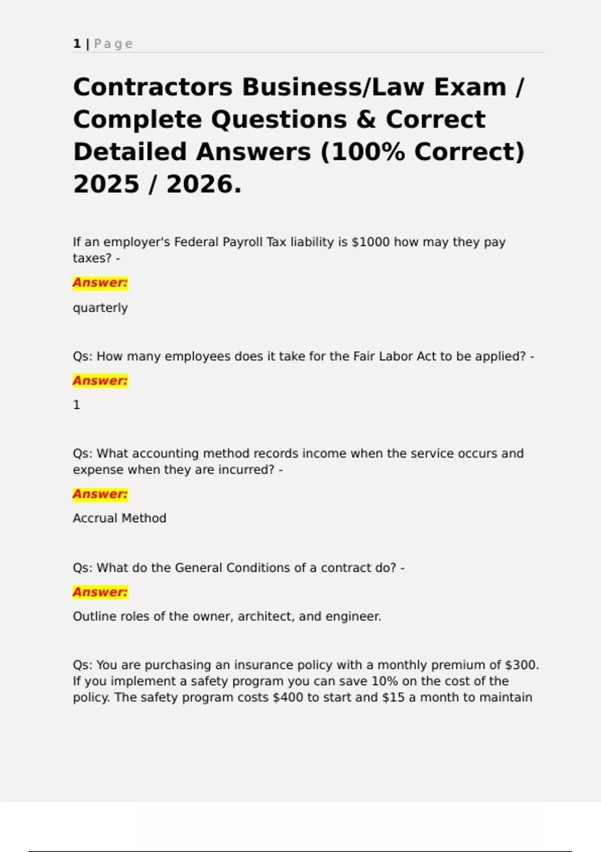 Contractors Business/Law Exam / Complete Questions & Correct Detailed ...