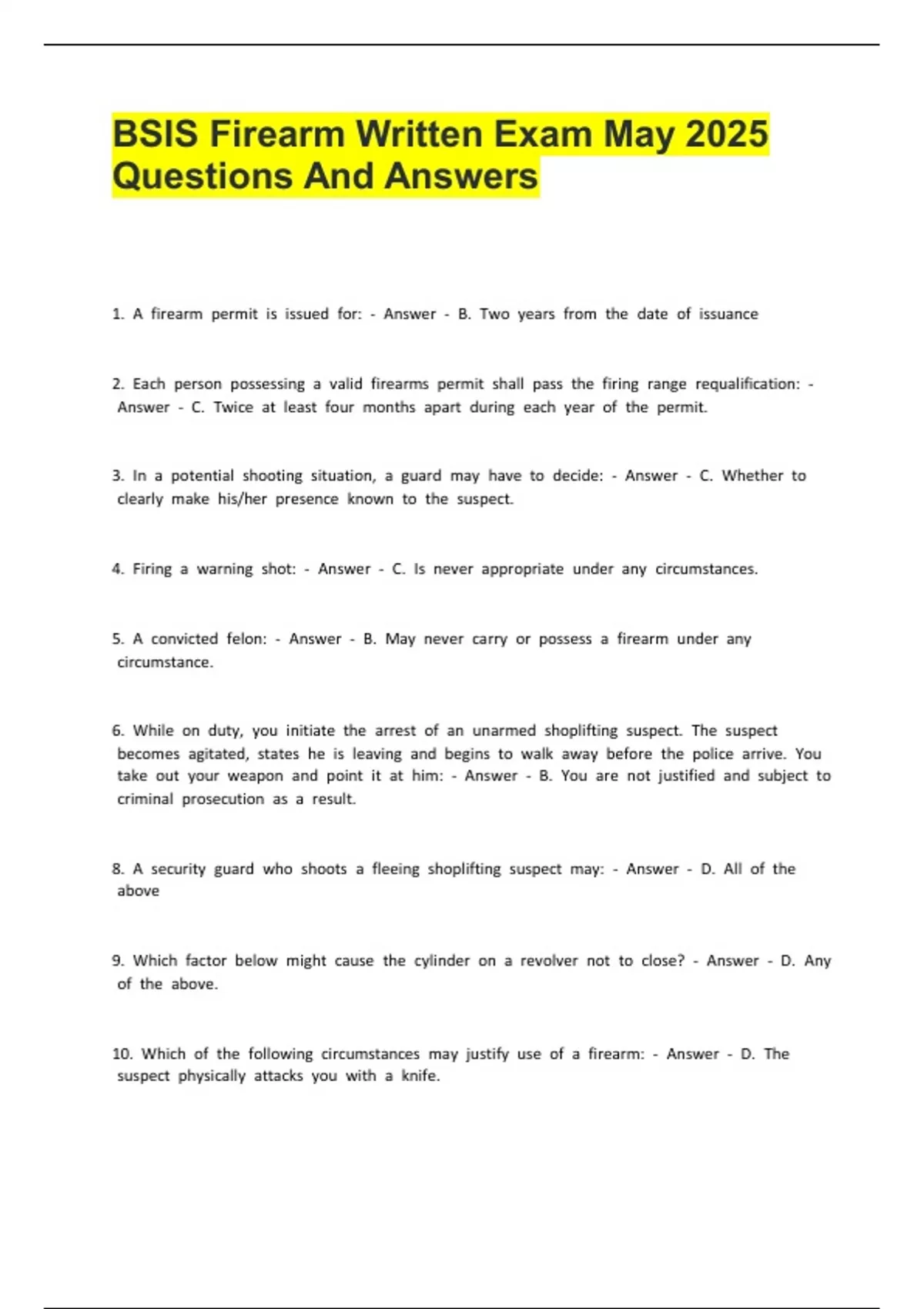 BSIS Firearm Written Exam May 2025 Questions And Answers - BSIS ...