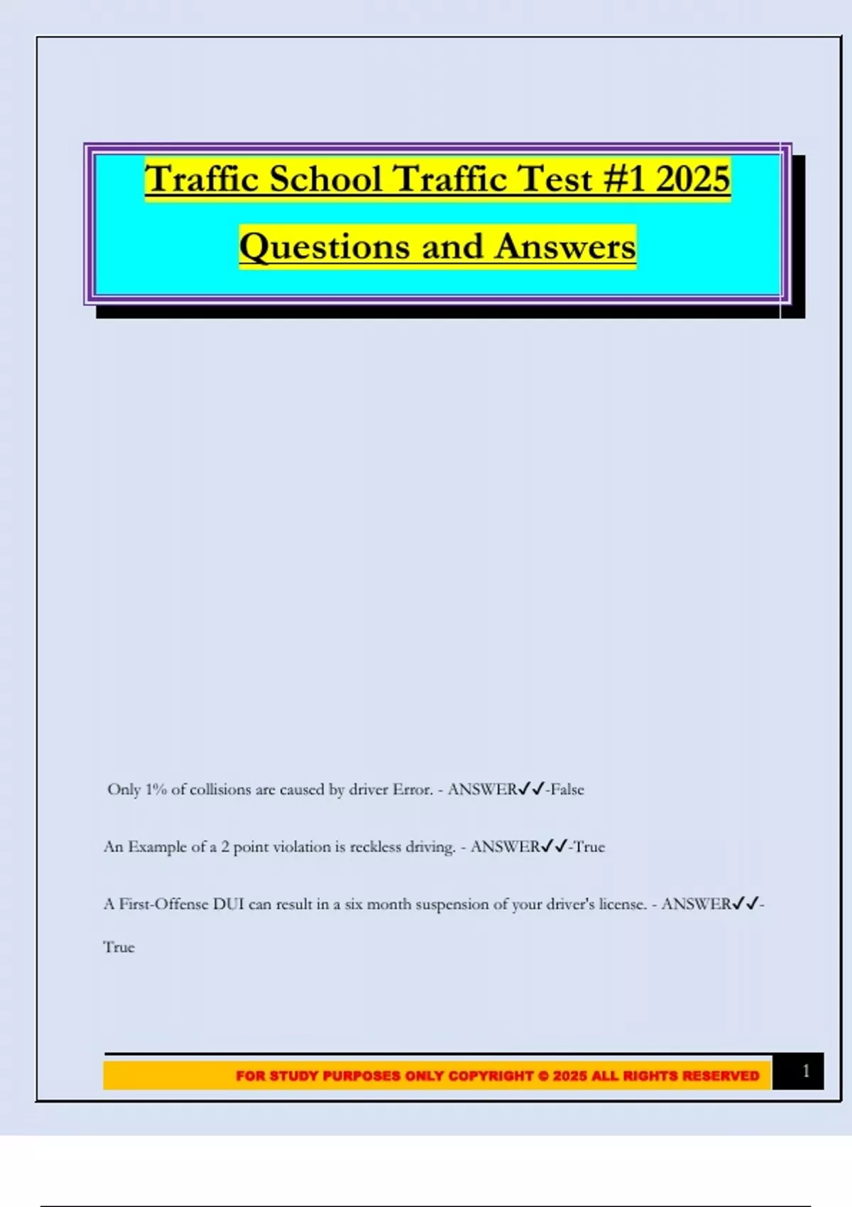 Traffic School Traffic Test #1 2025 Questions and Answers - Traffic ...