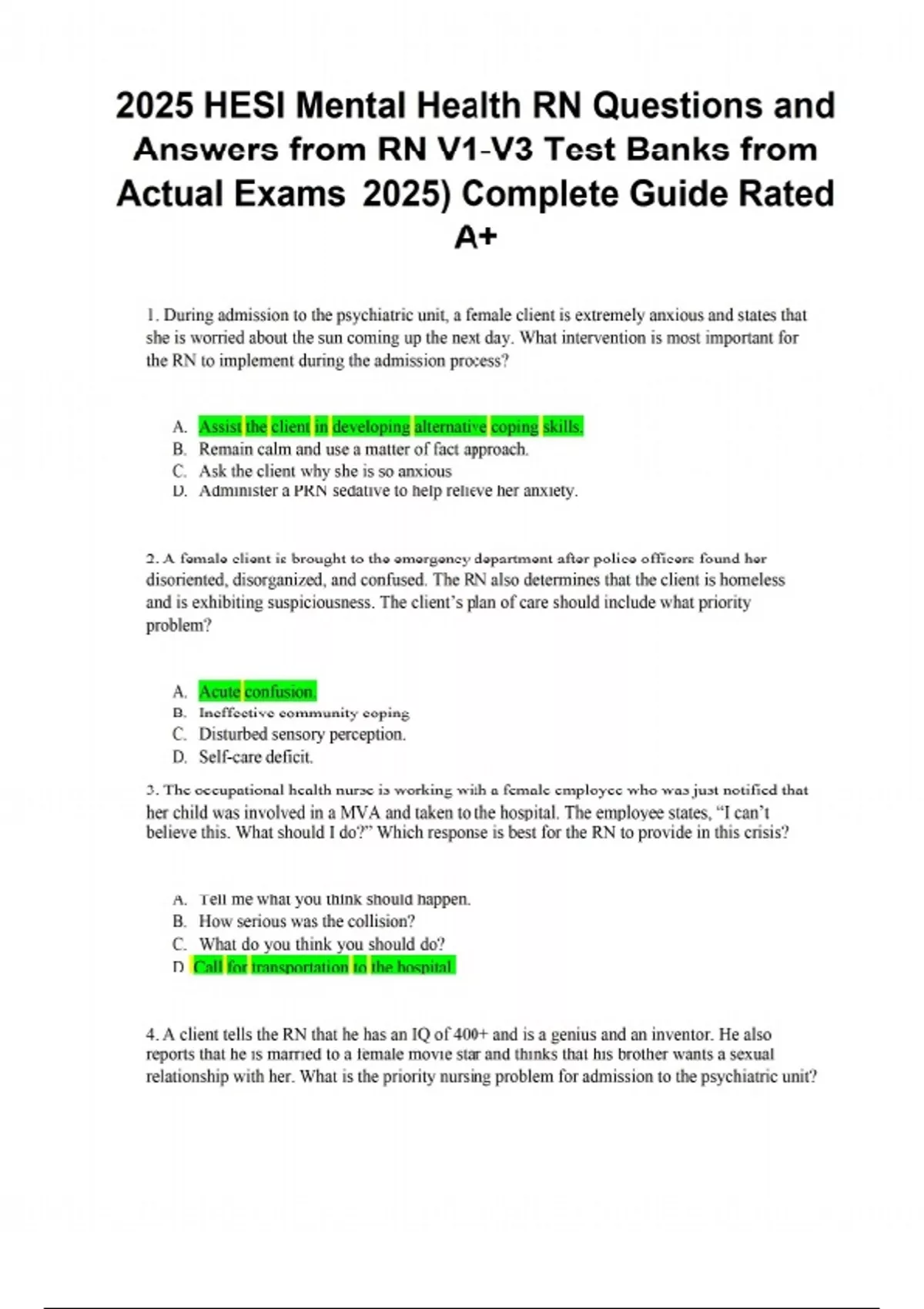 2025 HESI Mental Health RN Questions and Answers from RN V1-V3 Test ...