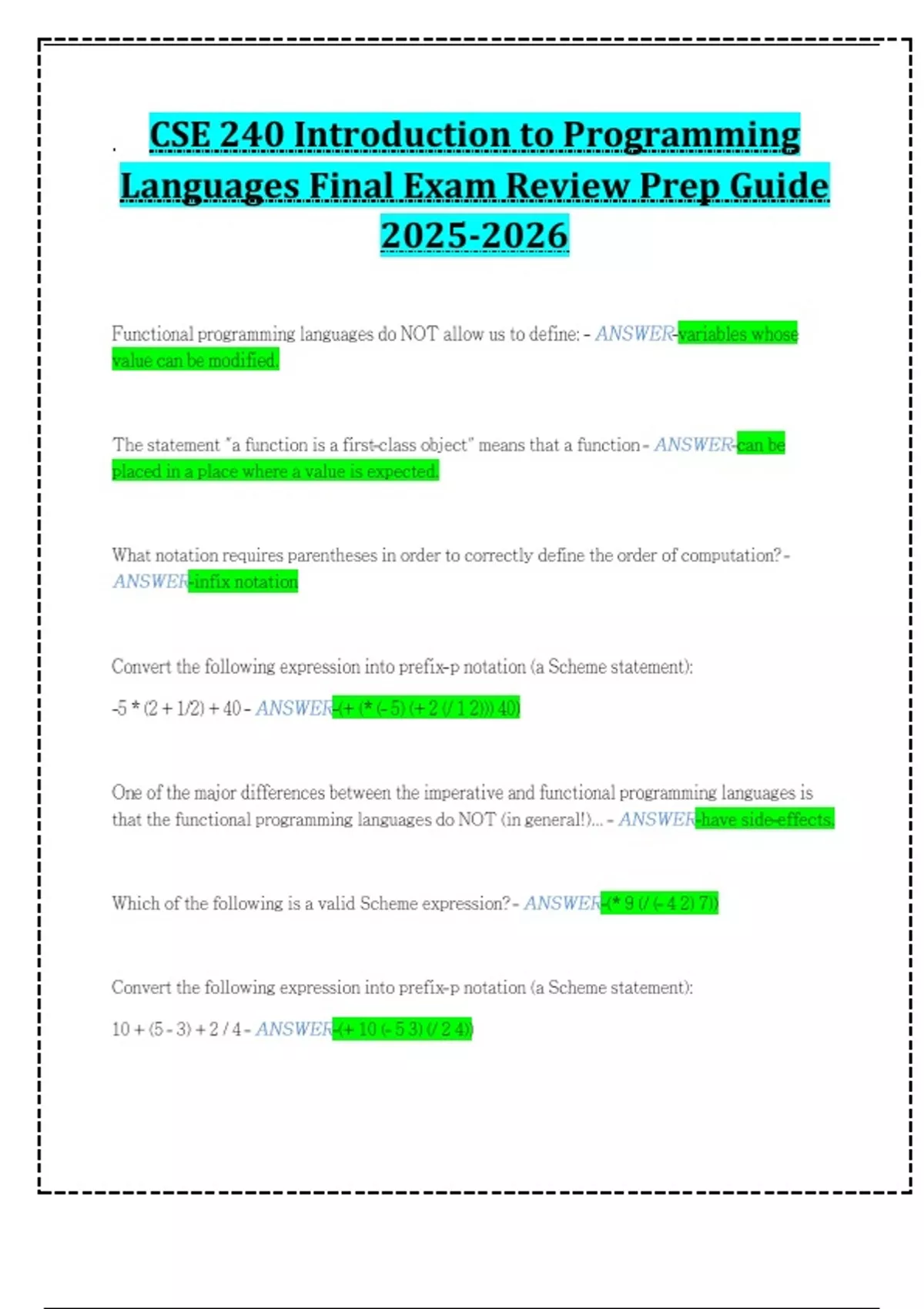 CSE 240 Introduction to Programming Languages Final Exam Review Prep ...