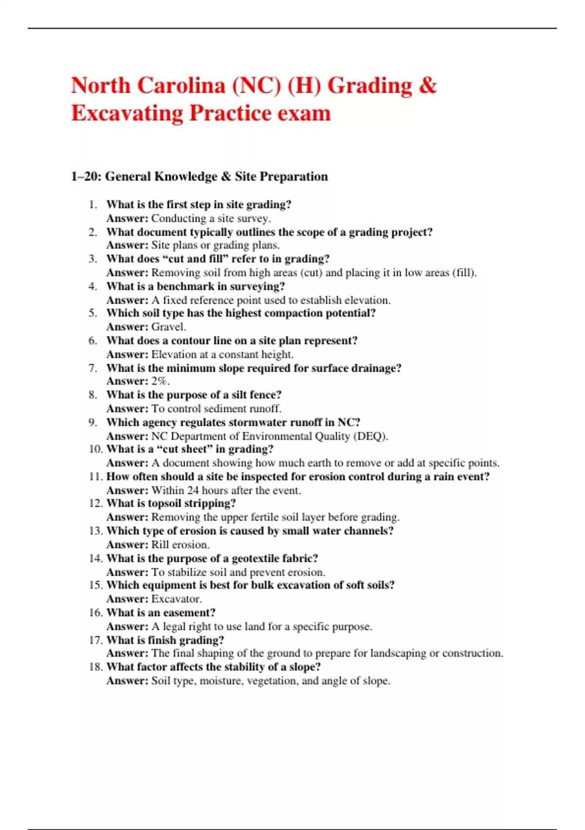 North Carolina (NC) (H) Grading & Excavating Practice exam Questions ...