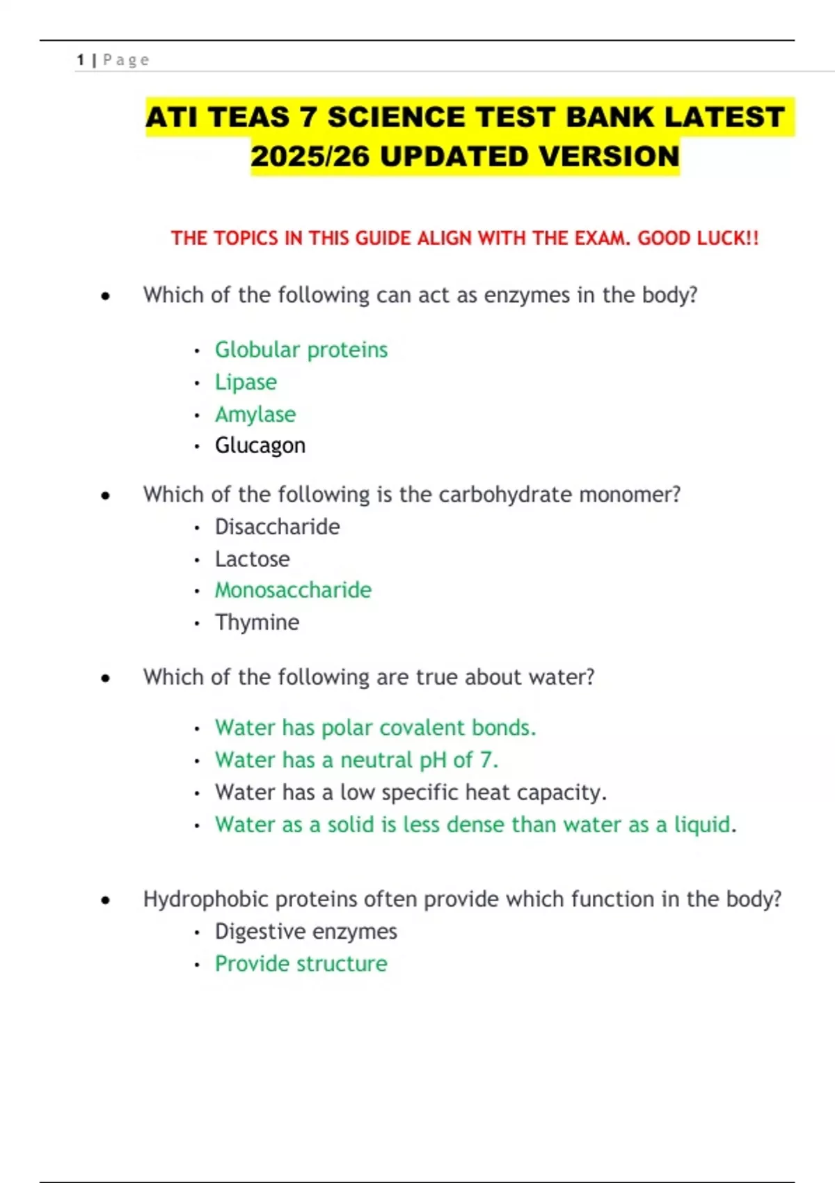 ATI TEAS 7 SCIENCE TEST BANK LATEST 2025/26 UPDATED VERSION - ATI TEAS ...