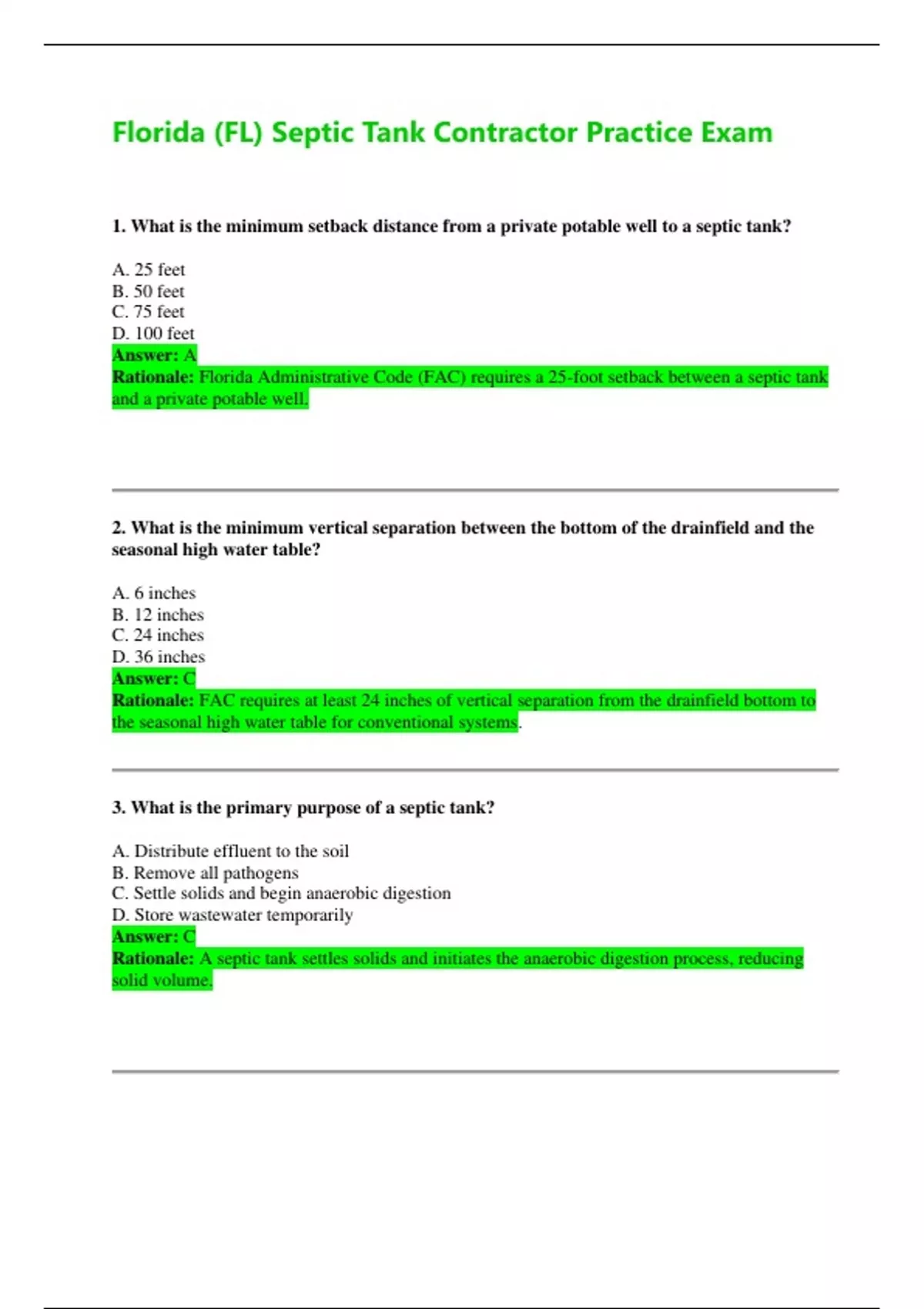 Florida (FL) Septic Tank Contractor Practice Exam Questions And Answers ...