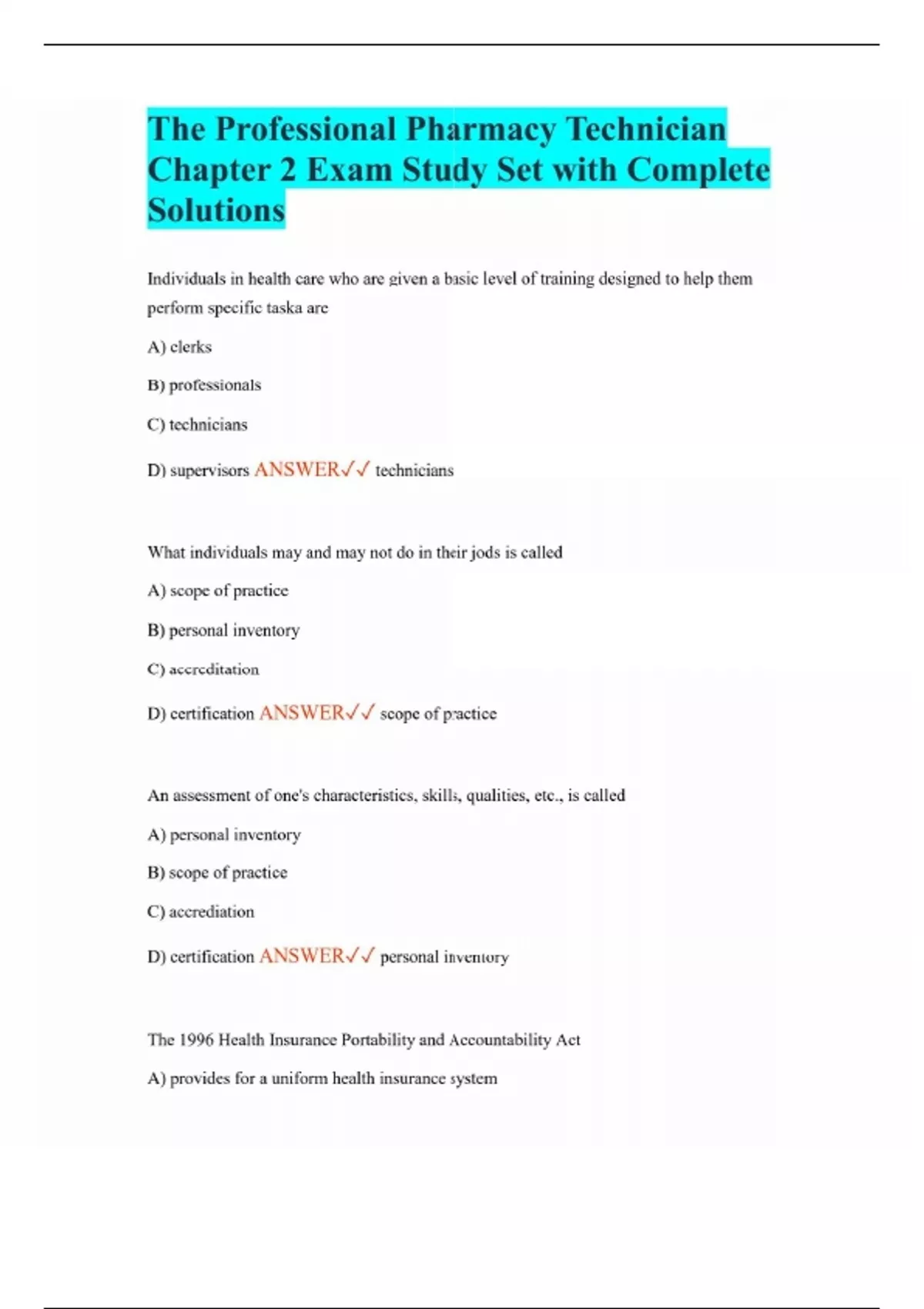 The Professional Pharmacy Technician Chapter 2 Exam Study Set with ...