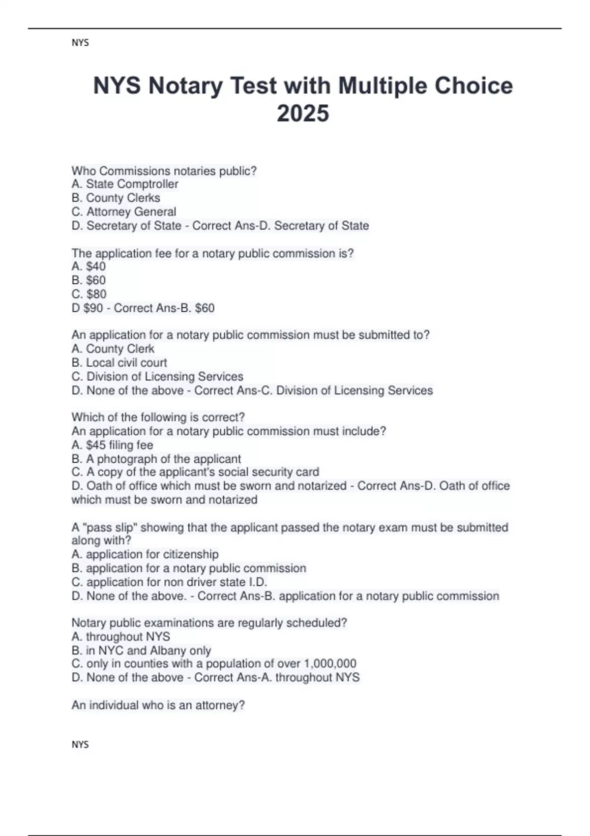 NYS Notary Test with Multiple Choice 2025 - Nys notary - Stuvia US