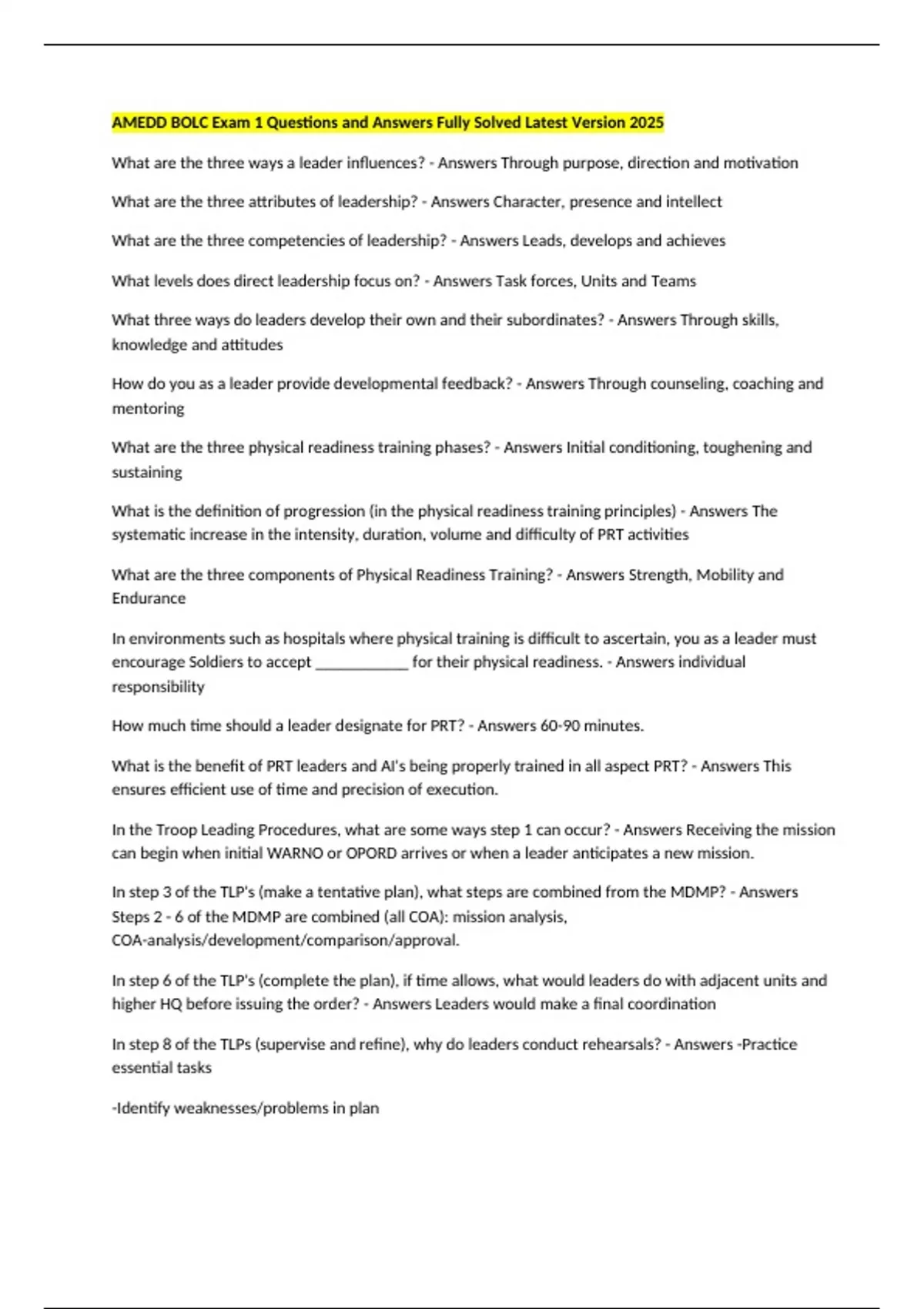 AMEDD BOLC Exam 1 Questions and Answers Fully Solved Latest Version ...
