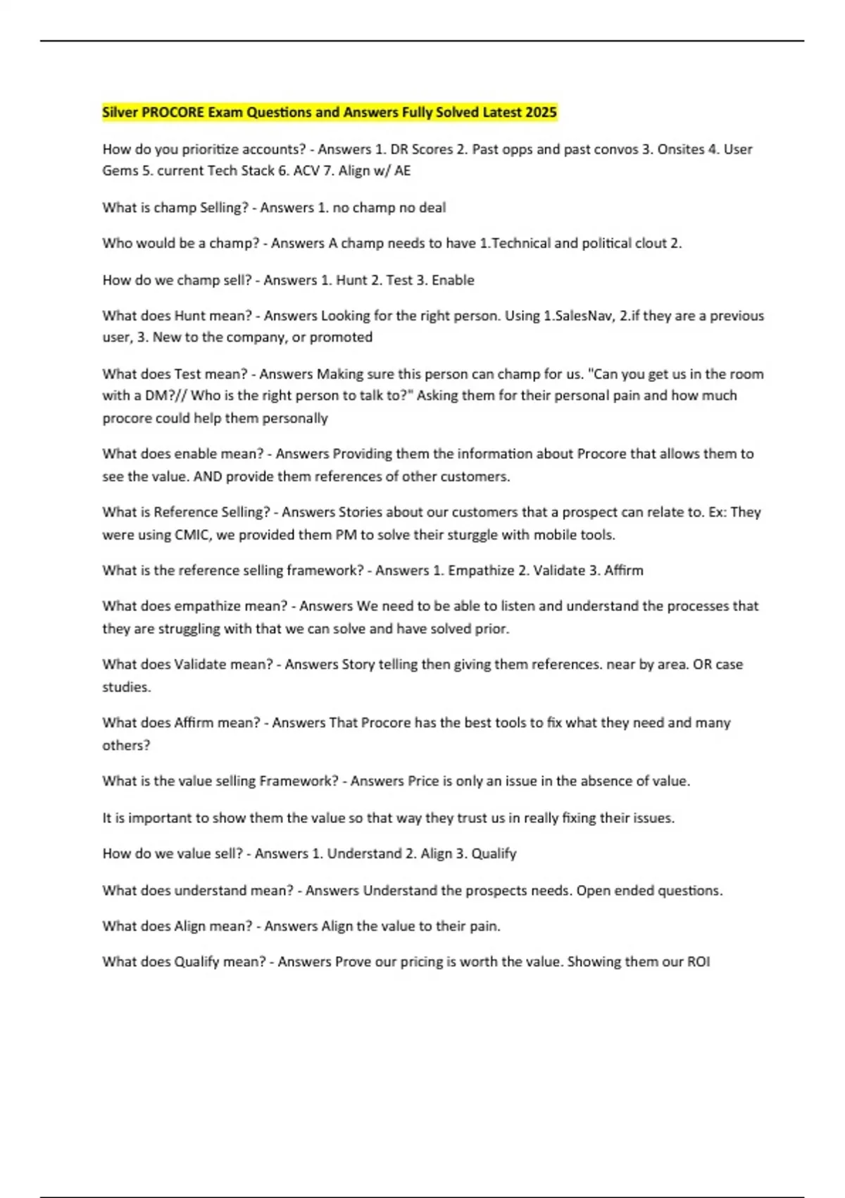 Silver PROCORE Exam Questions and Answers Fully Solved Latest 2025 ...