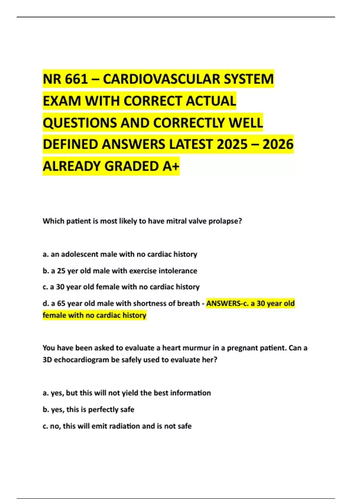 NR 661 – CARDIOVASCULAR SYSTEM EXAM WITH CORRECT ACTUAL QUESTIONS AND CORRECTLY WELL DEFINED ...