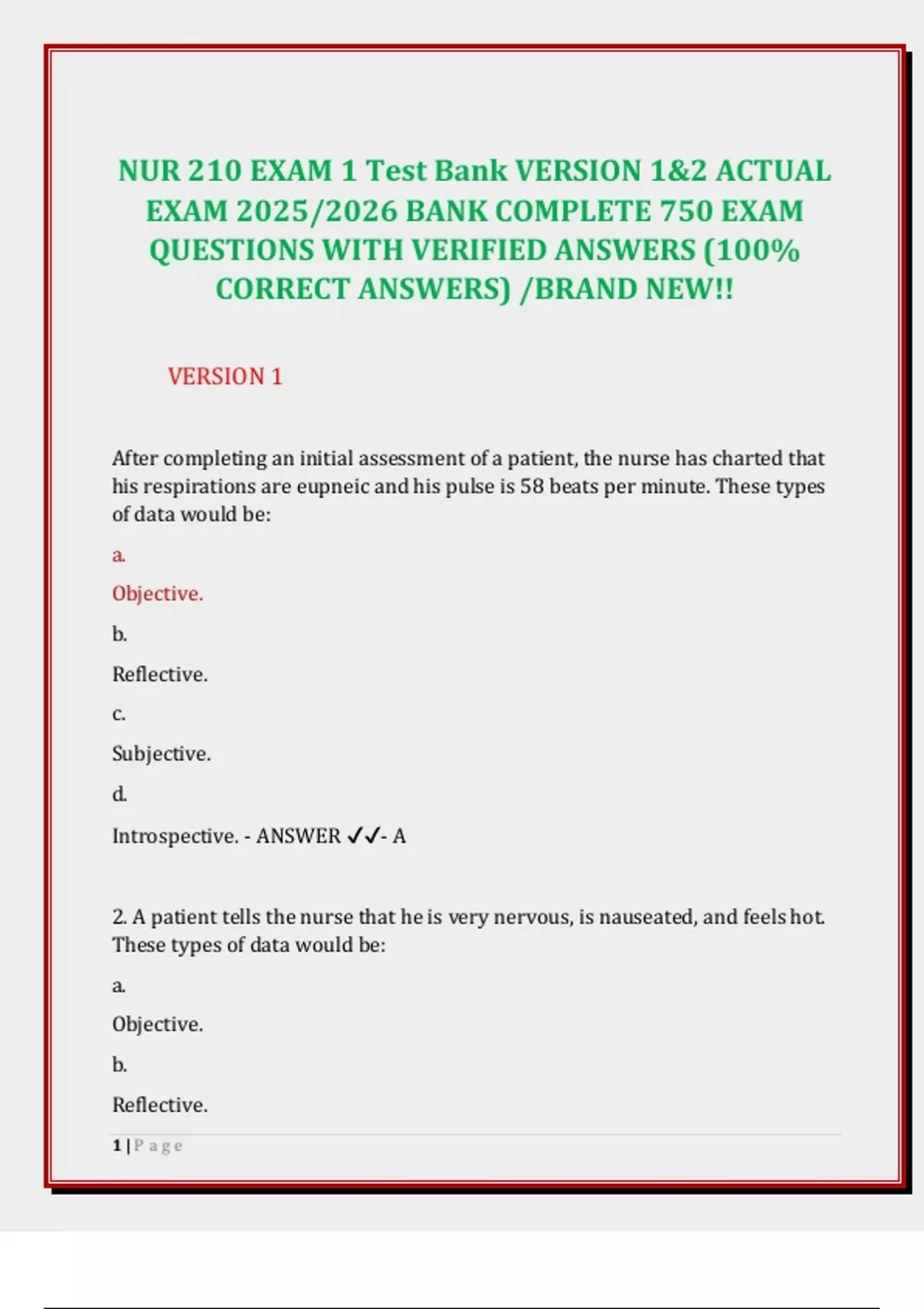 NUR 210 EXAM 1 Test Bank VERSION 1&2 ACTUAL EXAM 2025/2026 BANK ...