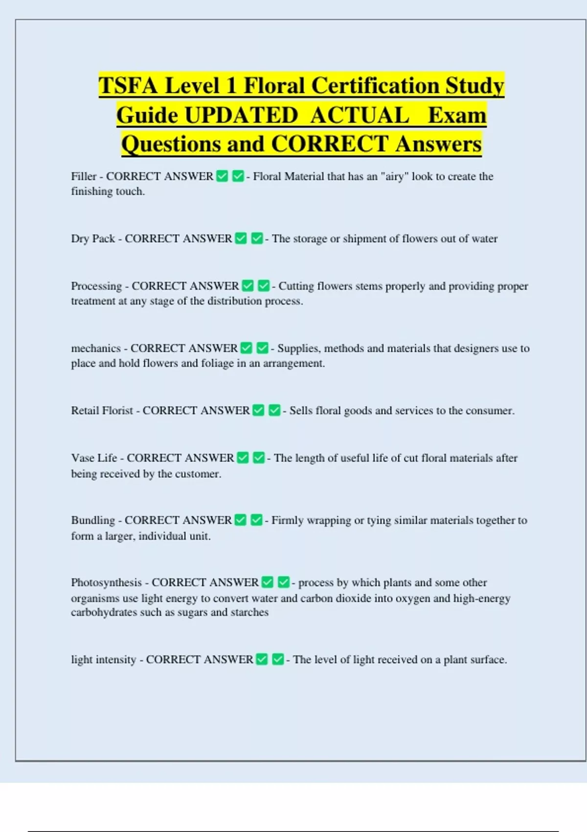 TSFA Level 1 Floral Certification Study Guide UPDATED ACTUAL Exam ...