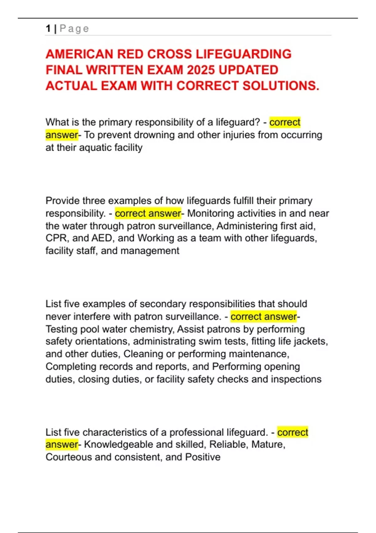 American Red Cross Lifeguarding Final Written Exam – 2025 Updated ...